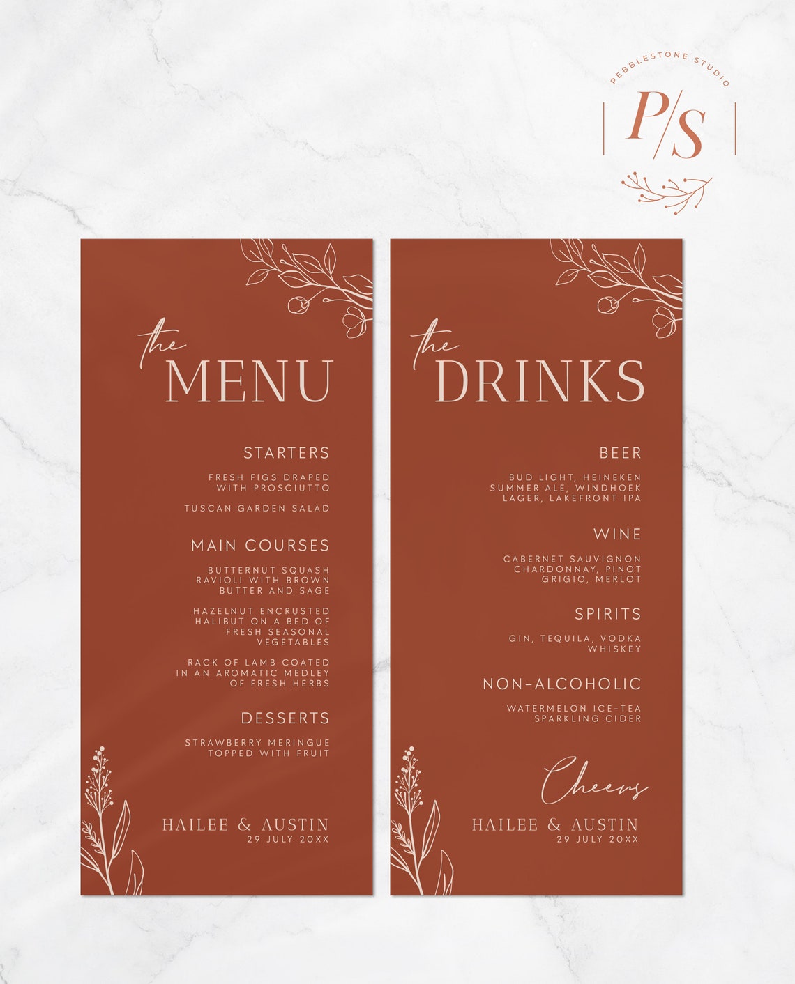 Burnt Orange Wedding Menu Cards Templates, Drinks Menu Table Card ...