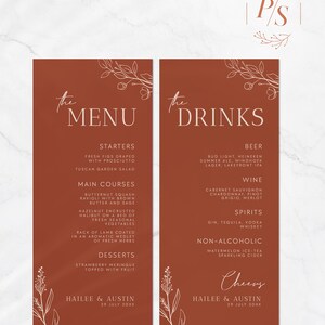 Burnt Orange Wedding Menu Cards Templates, Drinks Menu Table Card ...