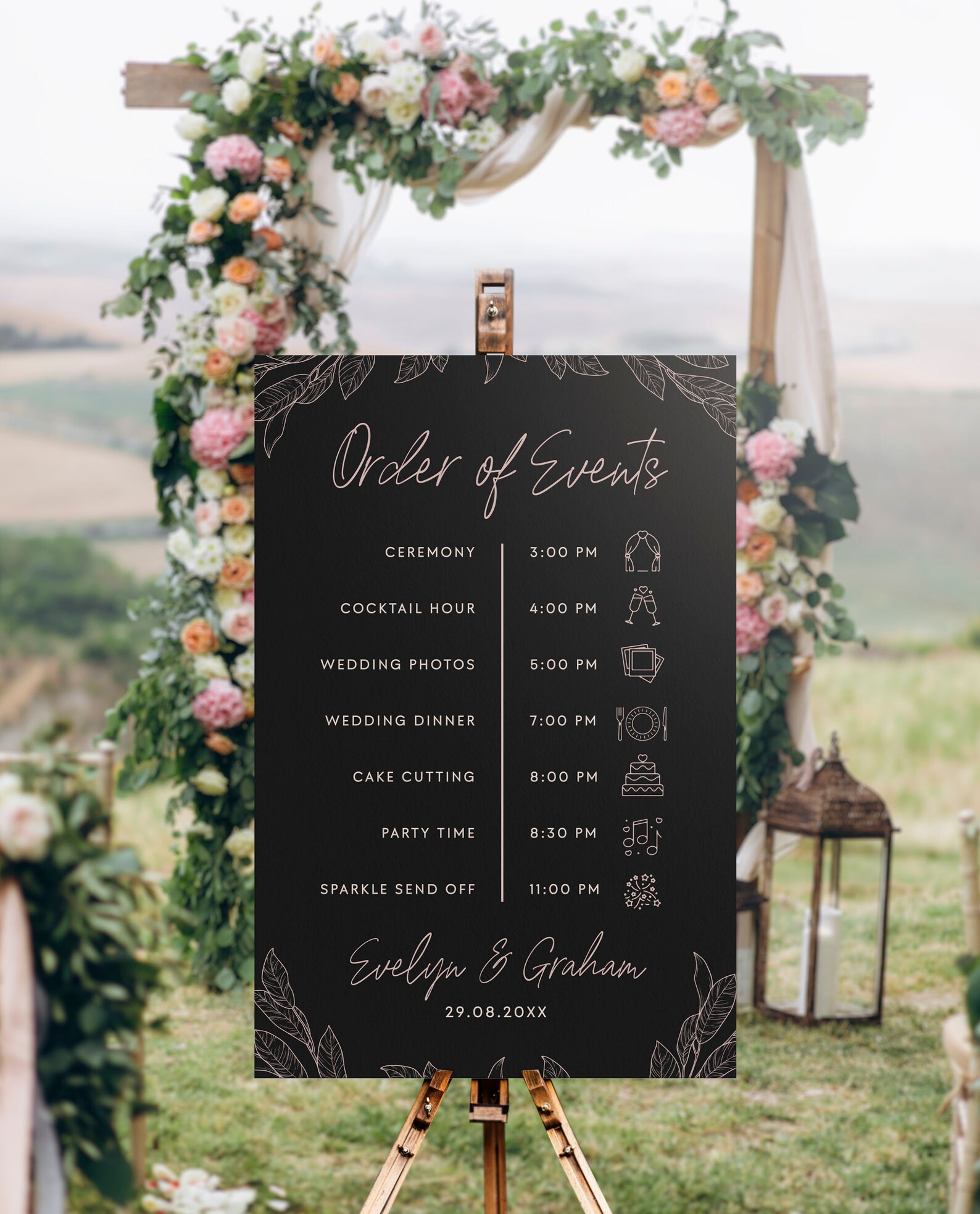 Dusty Pink Order of Events Wedding Sign Template With Black Background ...