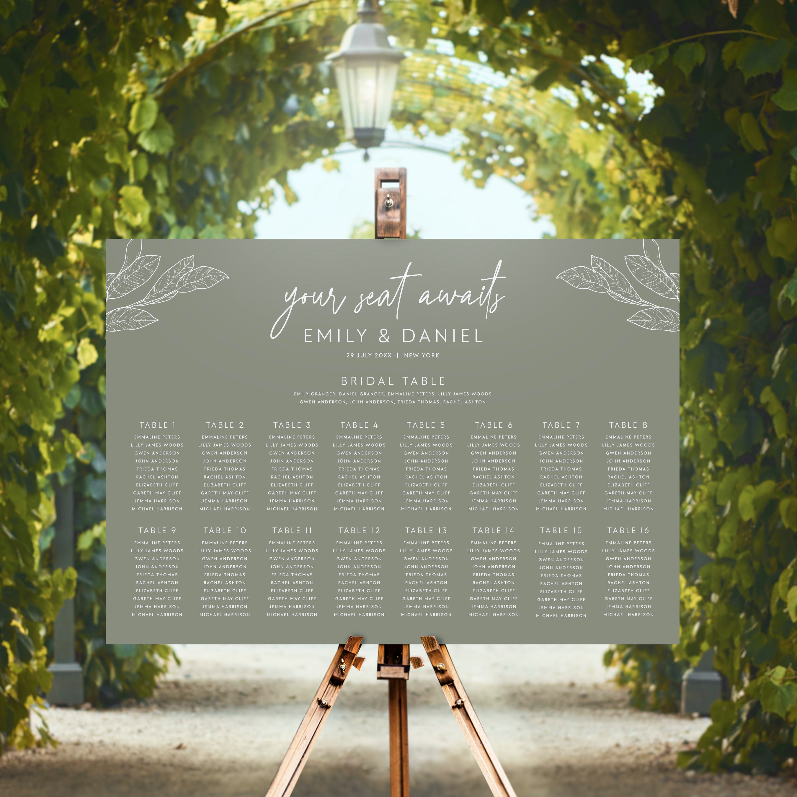 Landscape Sage Green Wedding Seating Chart Sign Template, Horizontal ...