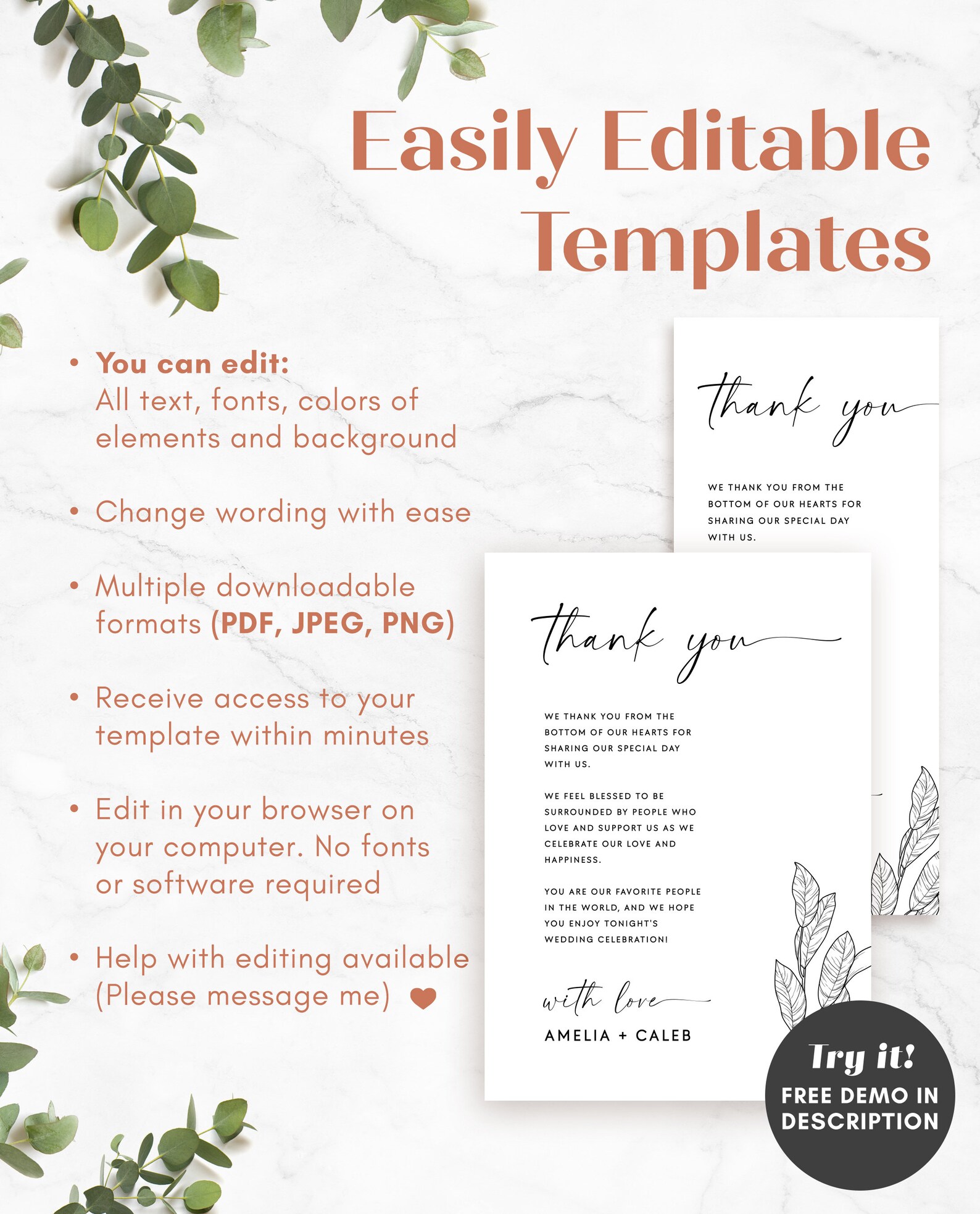 Minimalist Wedding Table Plate Thank You Note Editable Template Thank ...