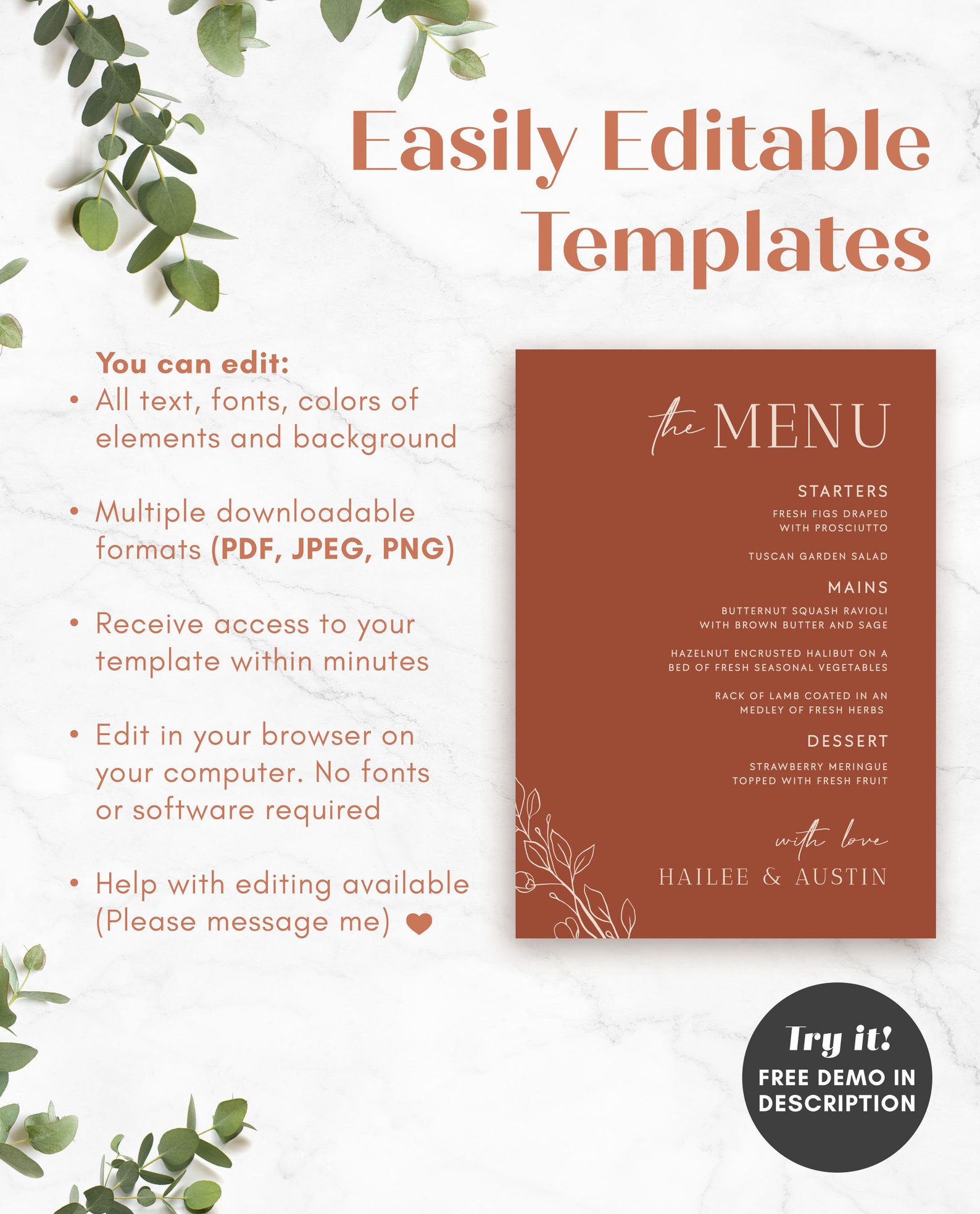 Burnt Orange Small Wedding Menu Table Sign Editable Template ...