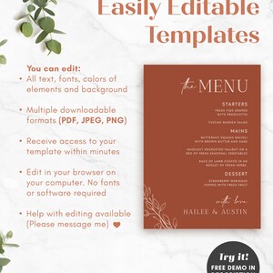 Burnt Orange Small Wedding Menu Table Sign Editable Template ...