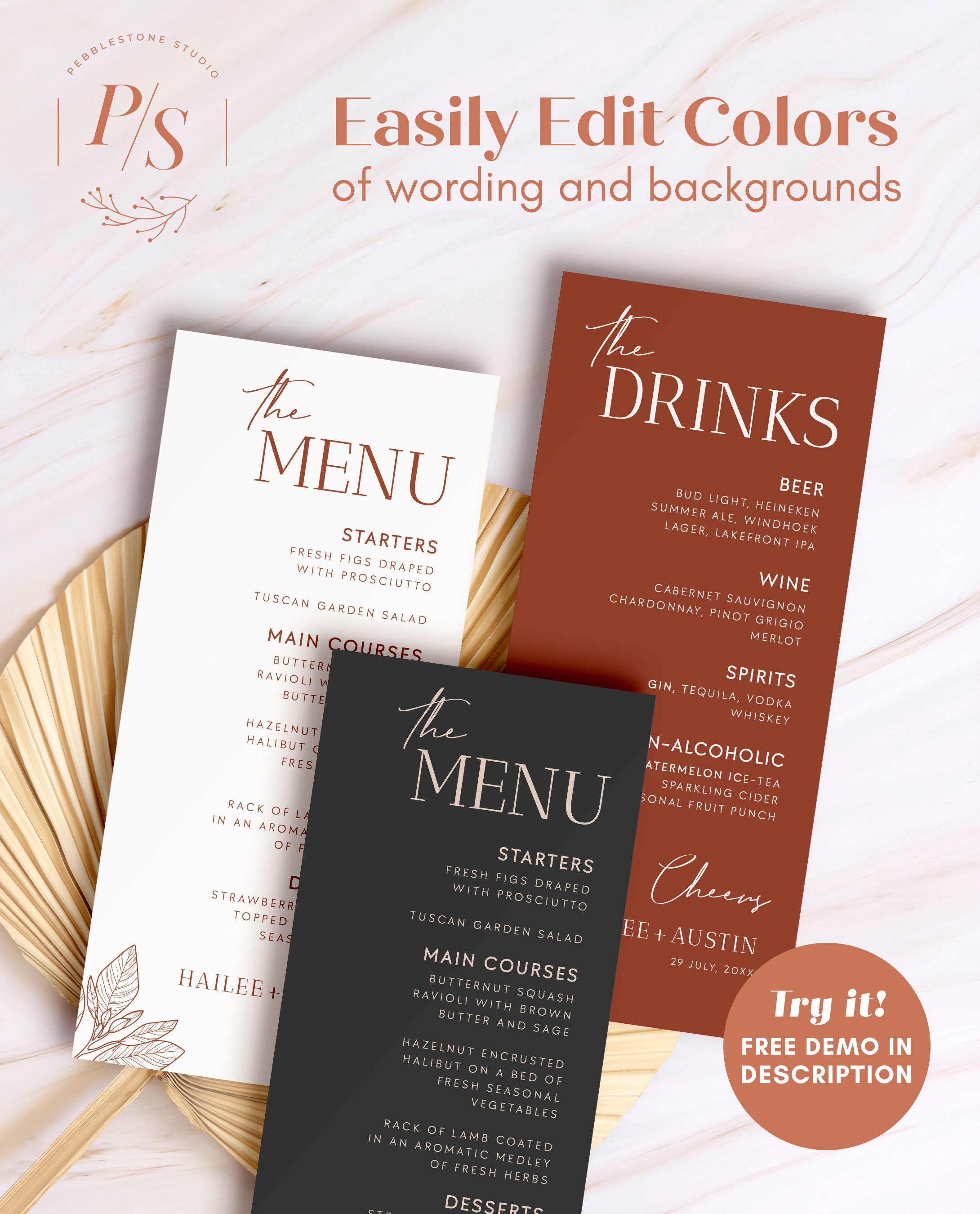 Modern Wedding Table Menu and Drinks Card Template Editable Burnt ...