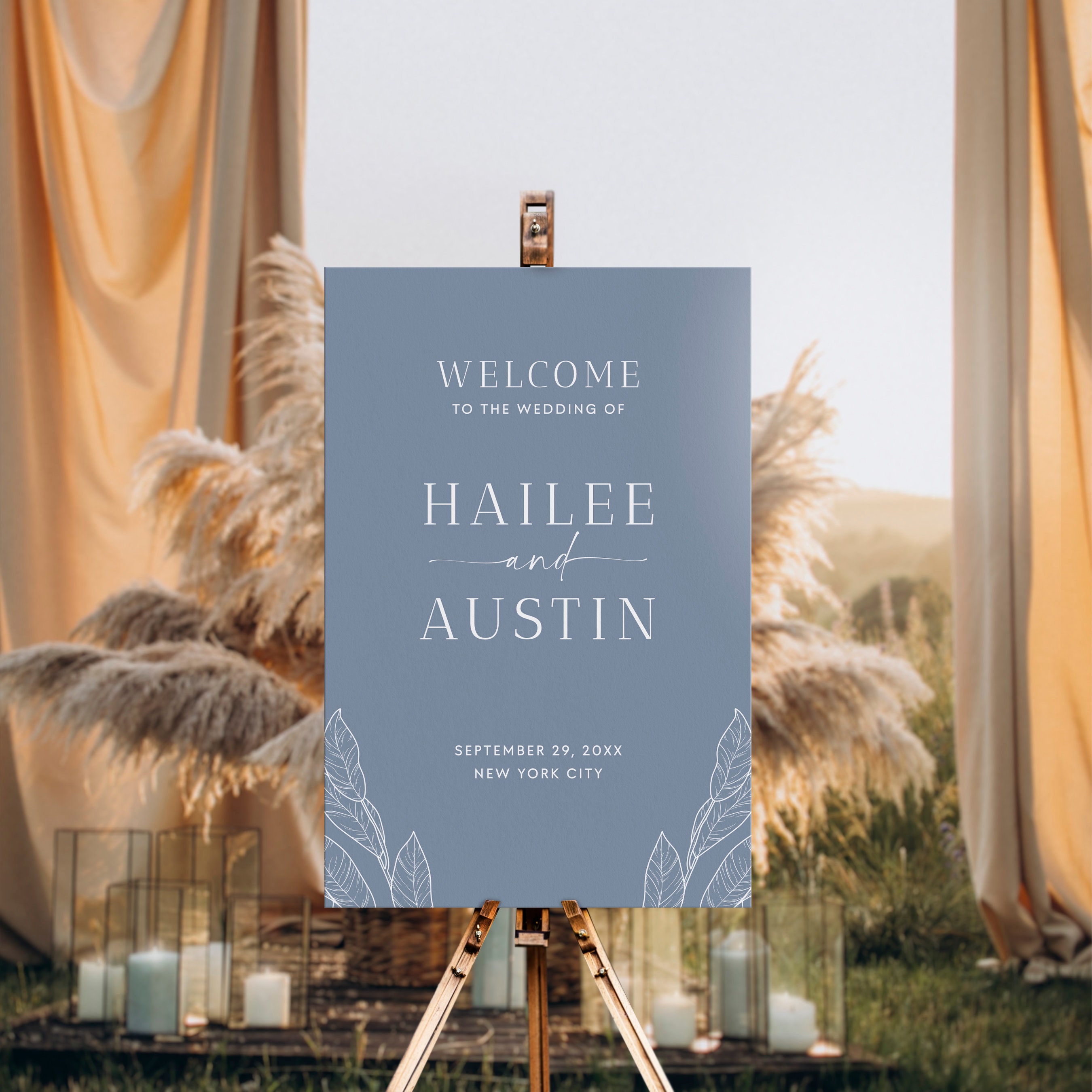 Dusty Blue Wedding Welcome Sign Template Fully Editable, Boho Pale Blue ...
