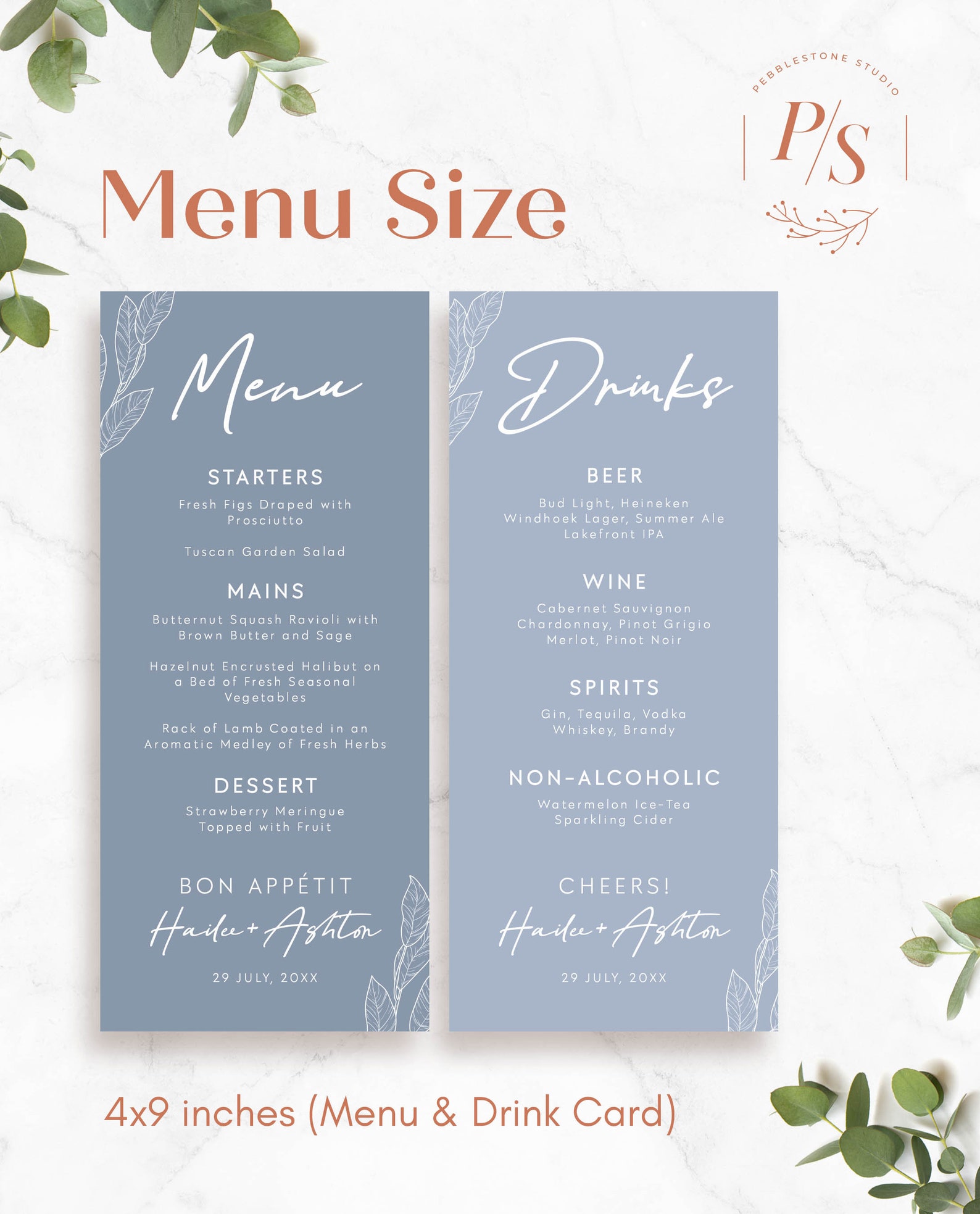 Dusty Blue Wedding Menu Card and Drinks Menu Card Template, Editable ...