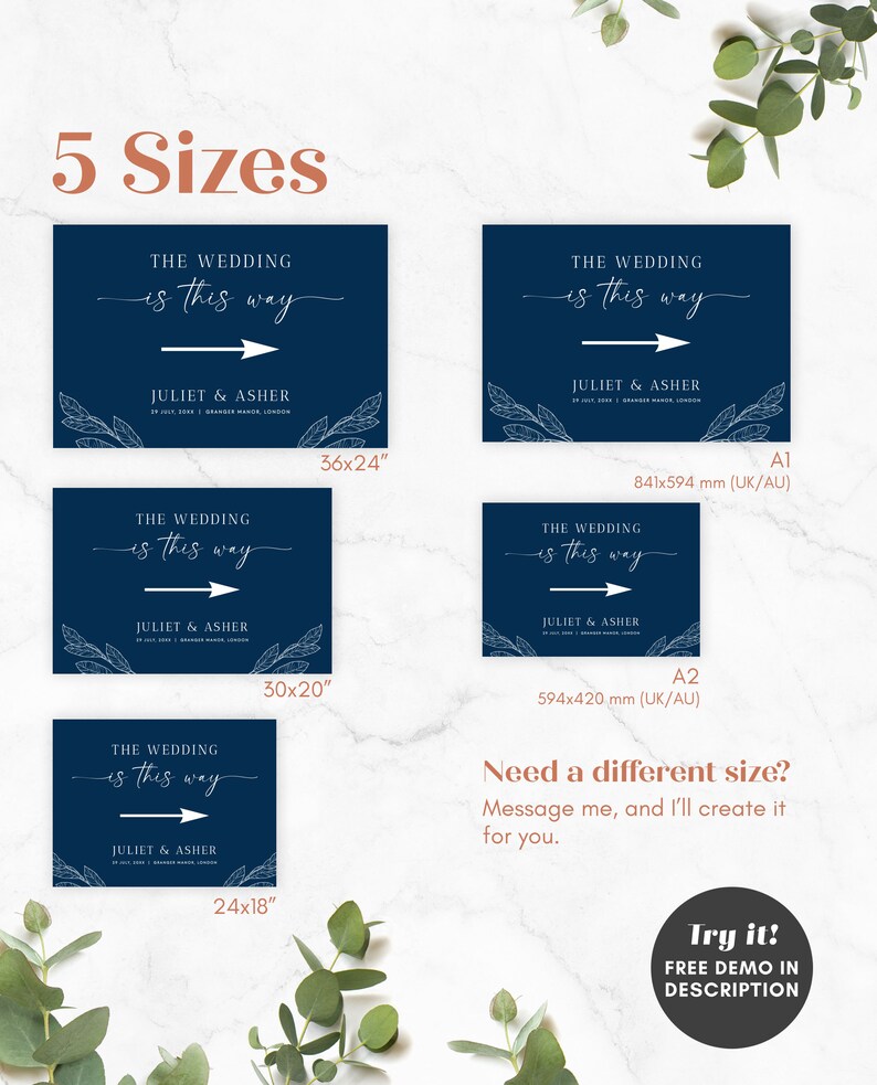 Rustic Navy Blue Wedding Directions Sign Editable Template, Reception ...