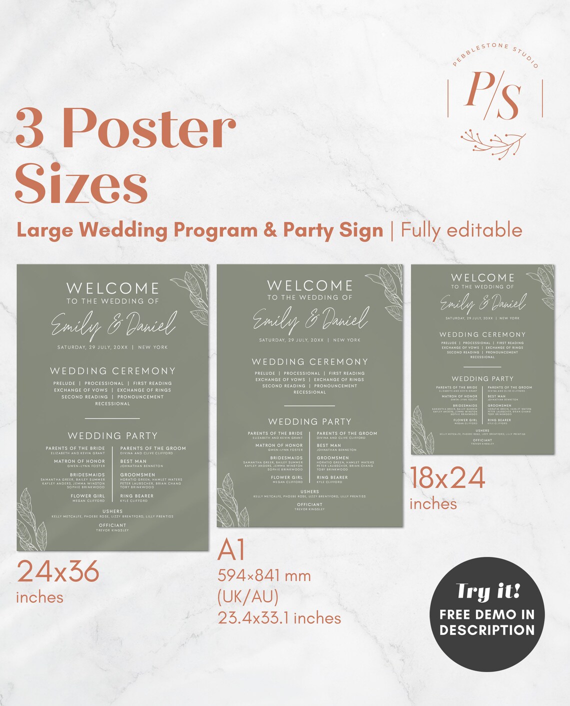 Sage Green Wedding Ceremony Program Sign Template, Large Modern Wedding ...