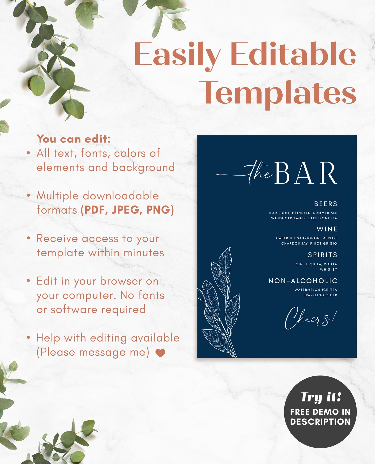 Small Navy Blue Wedding Bar Menu Sign Editable Template, Modern Bar ...