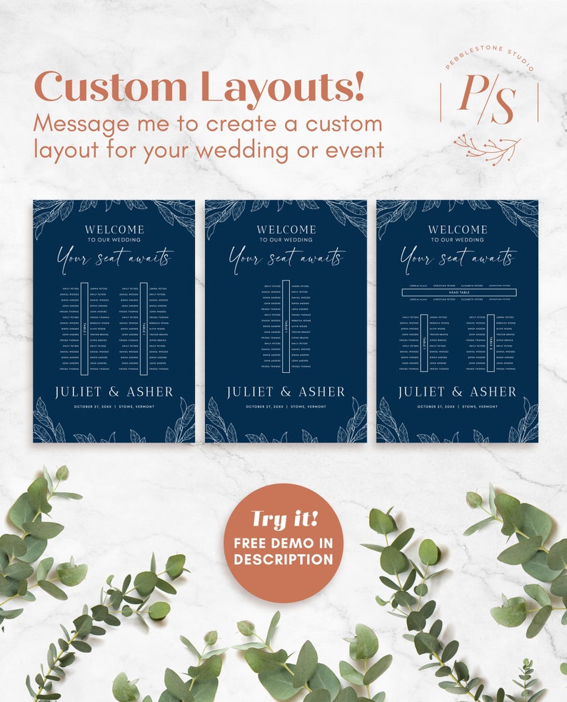 Boho Blue Banquet Tables Custom Layout Seating Chart Sign, Modern Navy ...