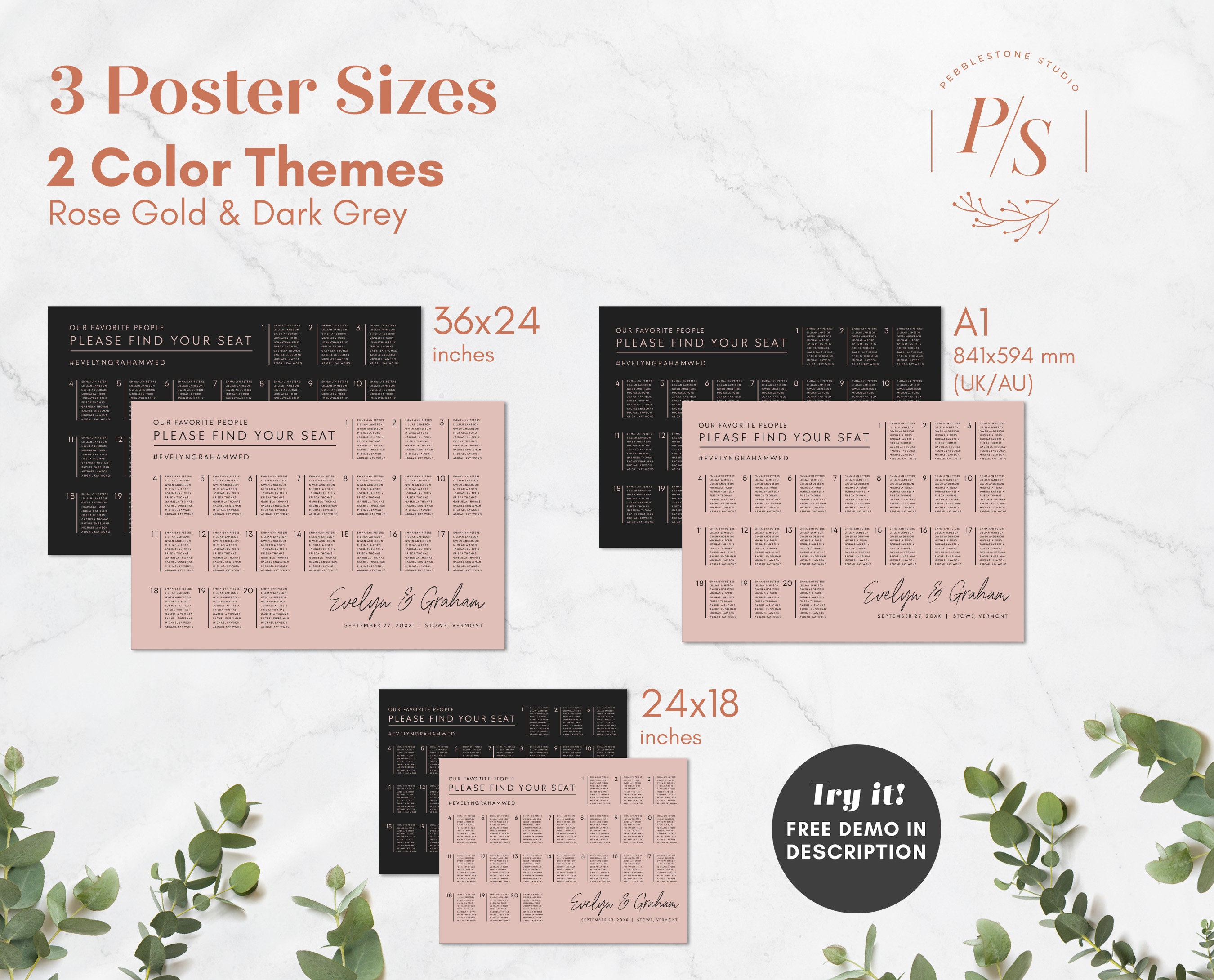 Large Horizontal Rose Gold Wedding Table Seating Chart Sign Template ...