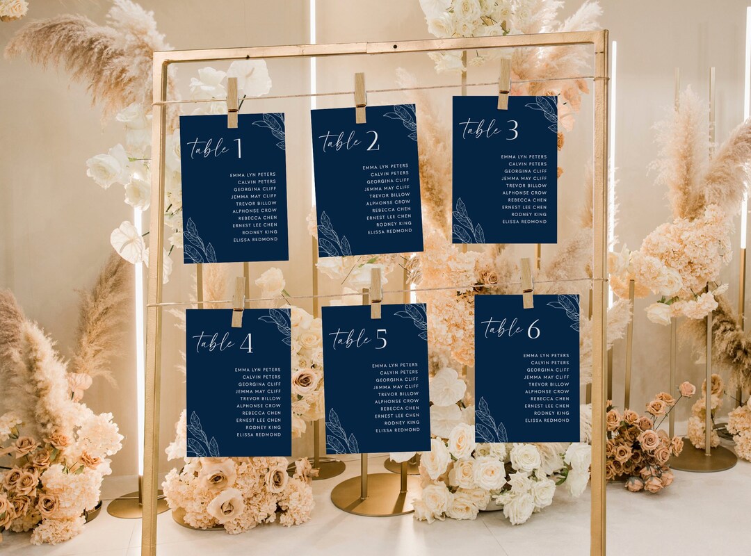 Boho Blue Wedding Seating Chart Cards Template, Individual Navy Blue ...