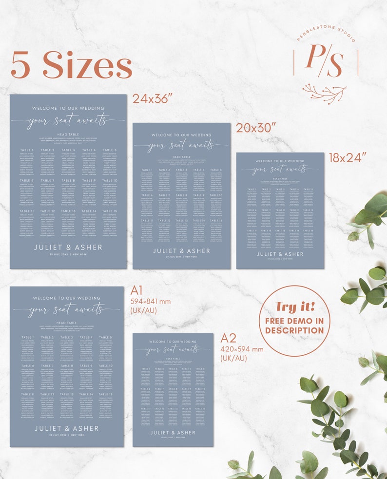 Dusty Blue Wedding Seating Chart Sign Template, Editable Printable ...