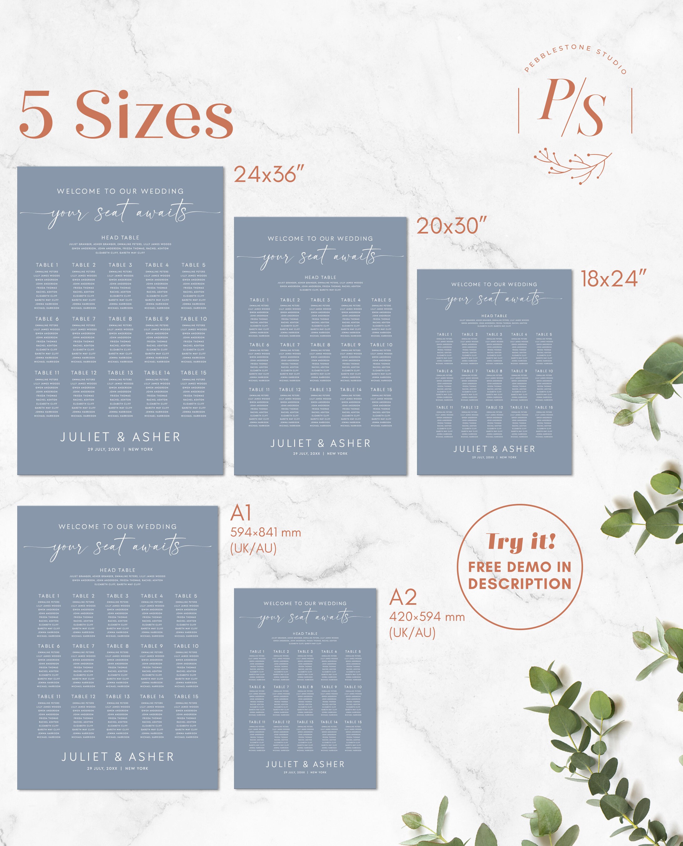 Dusty Blue Wedding Seating Chart Sign Template, Editable Printable ...