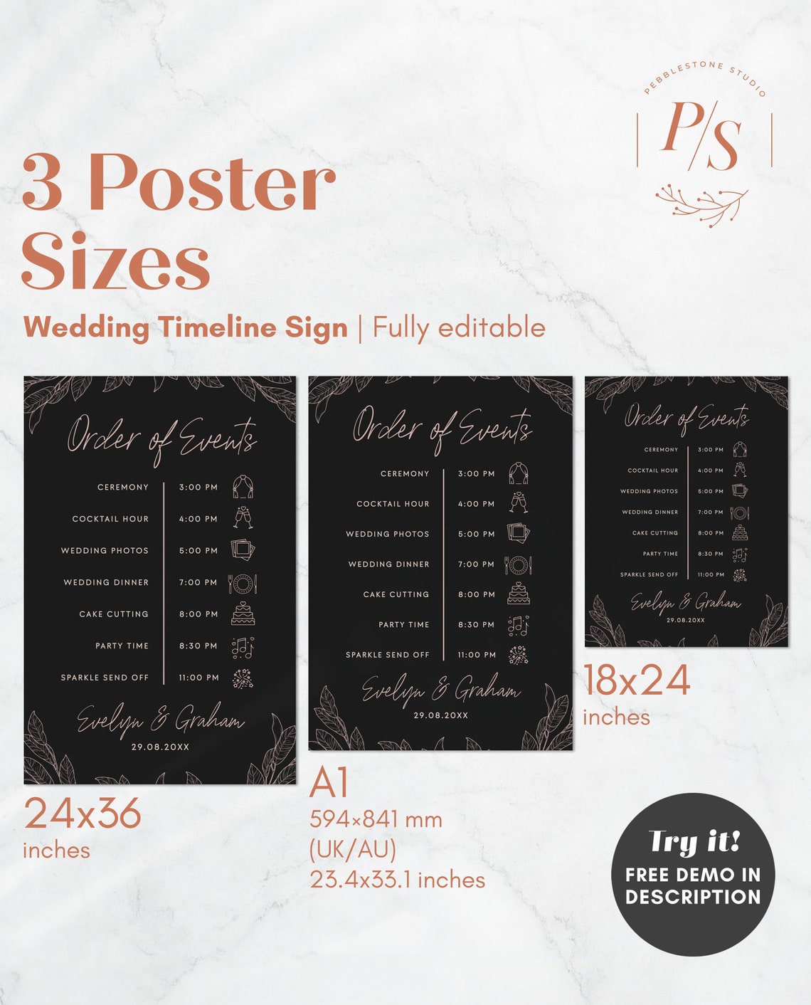 Dusty Pink Order of Events Wedding Sign Template With Black Background ...