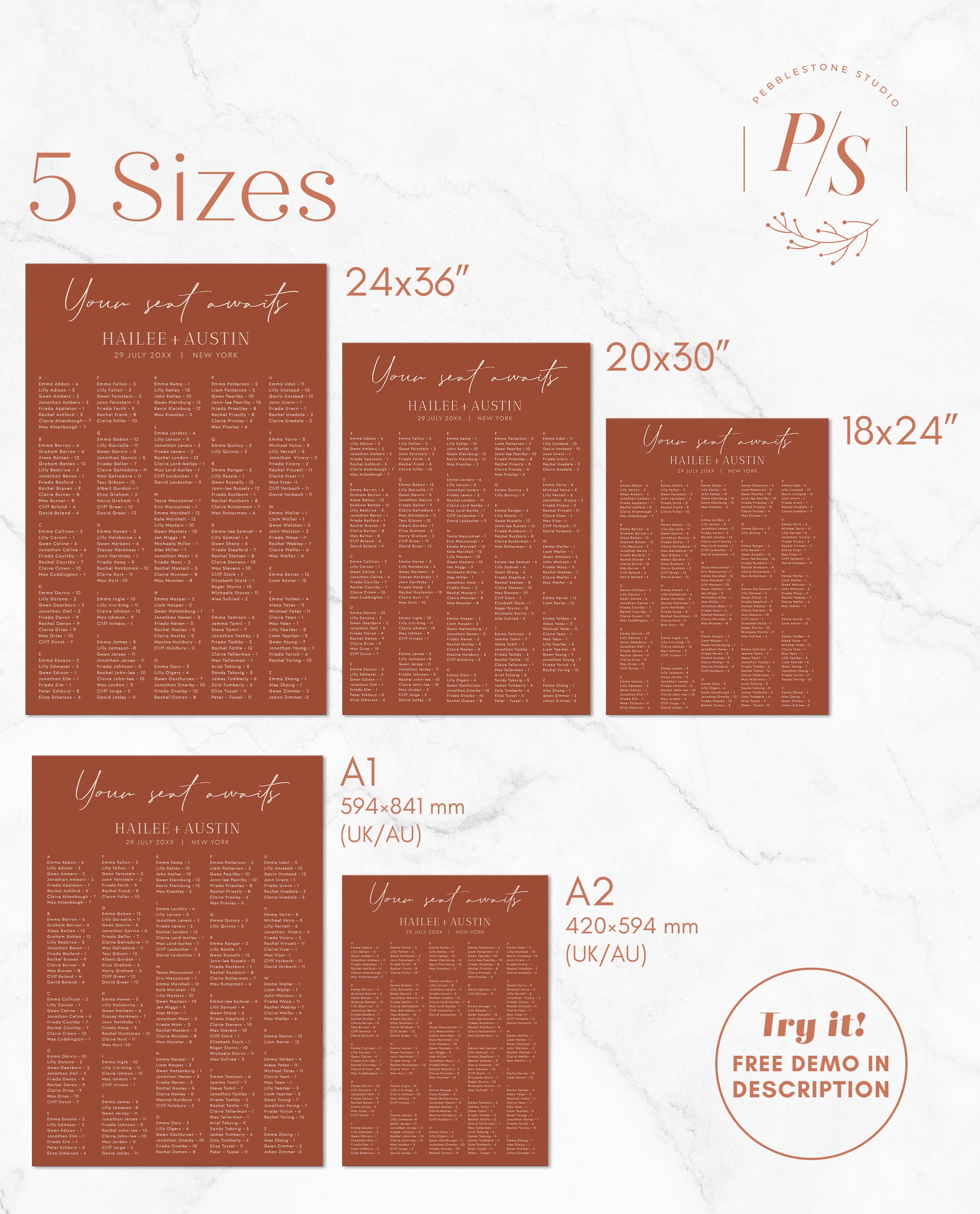 Alphabetic Seating Chart Sign Template for Burnt Orange Wedding ...