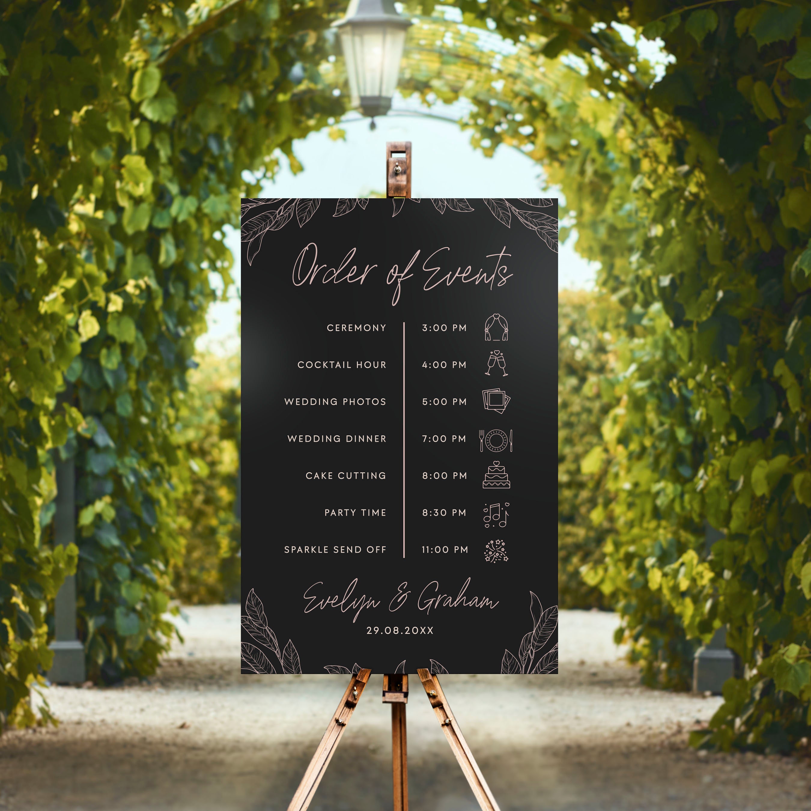 Dusty Pink Order of Events Wedding Sign Template With Black Background ...