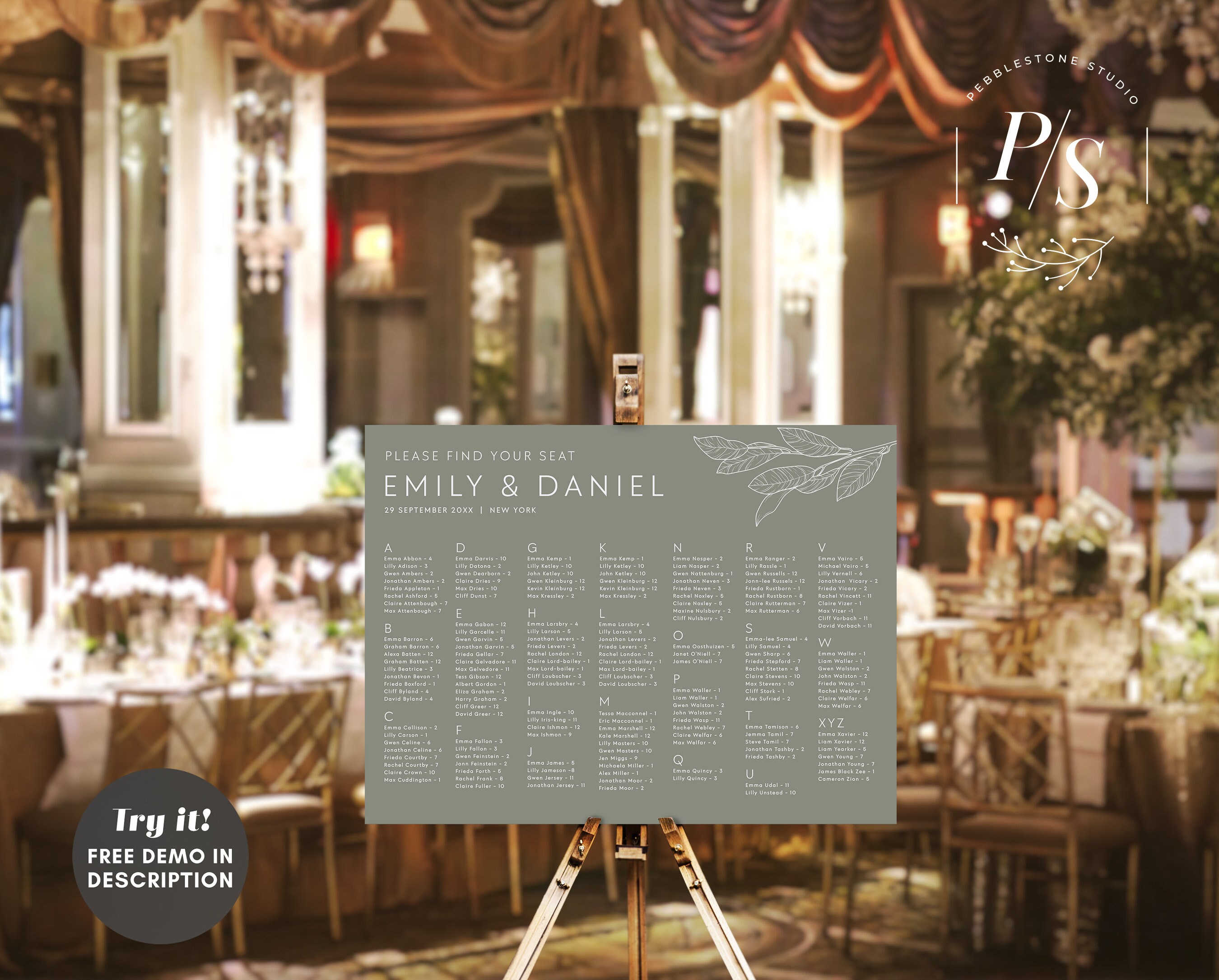 Alphabetical Sage Seating Chart Sign Template | Landscape Sage Green ...