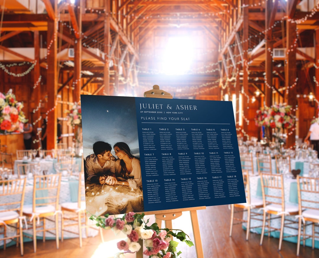 Rustic Blue Wedding Photo Seating Plan Chart Template, Printable Navy ...