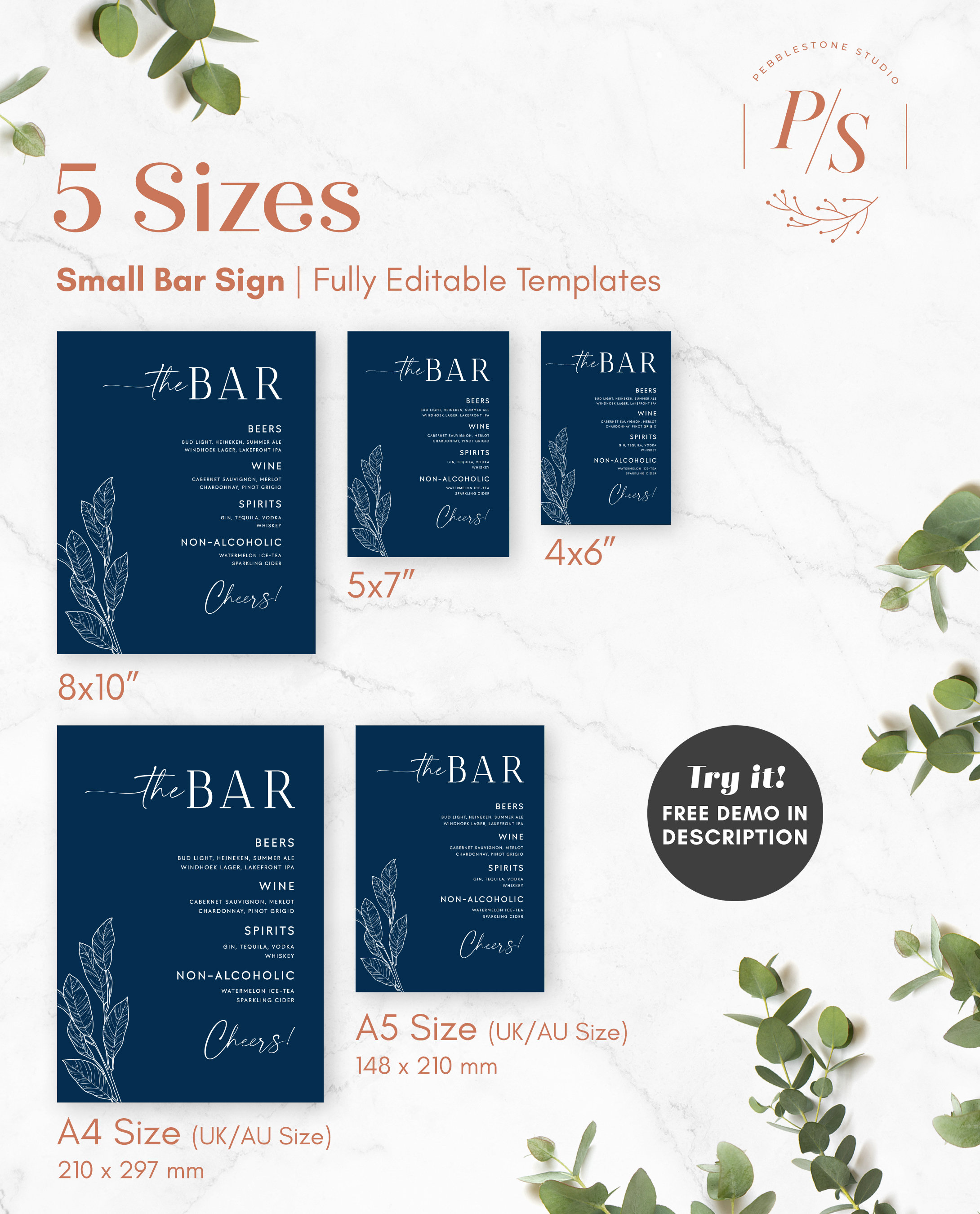 Small Navy Blue Wedding Bar Menu Sign Editable Template, Modern Bar ...