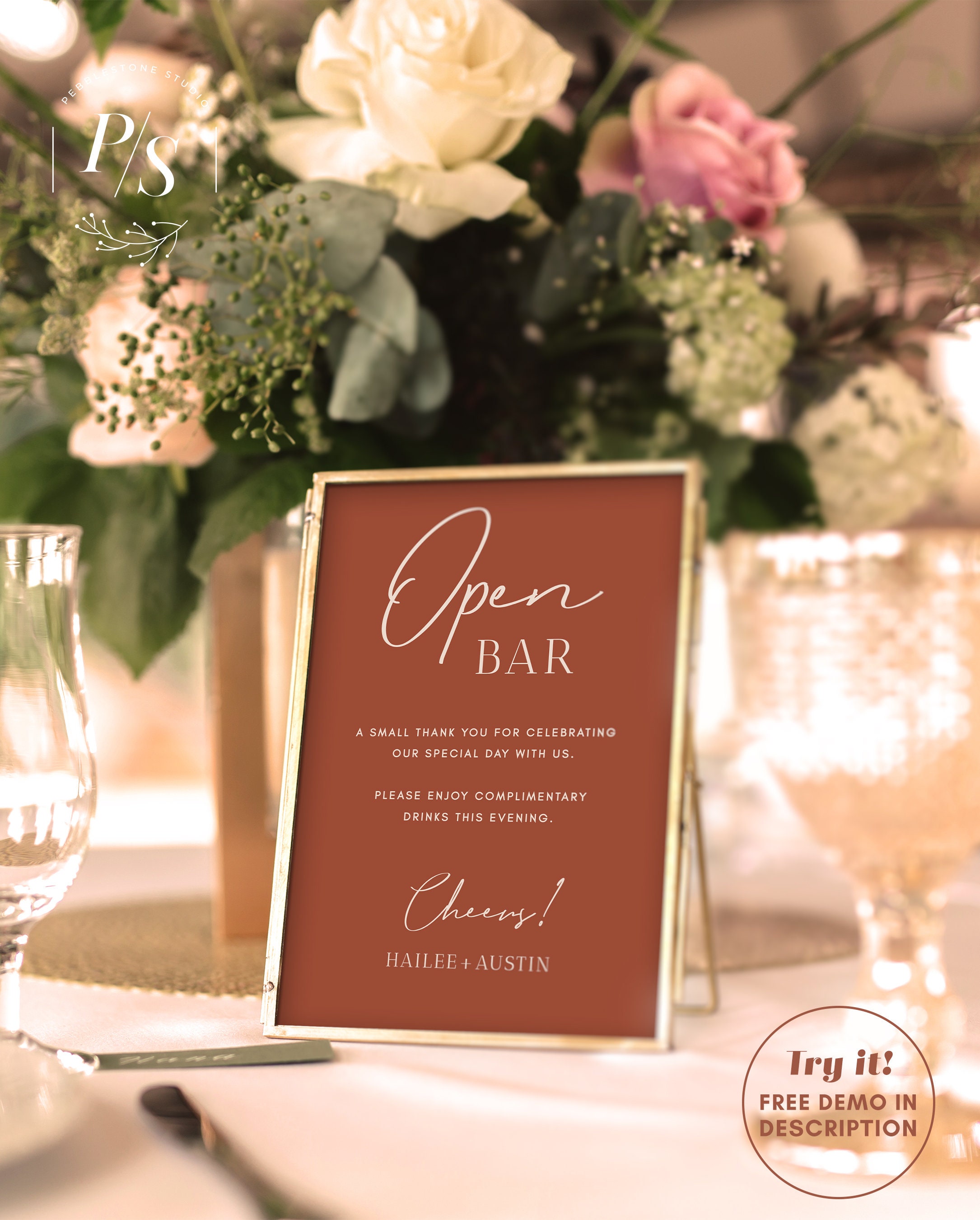 Small Open Bar Table Sign Template for Terracotta Wedding, Editable ...
