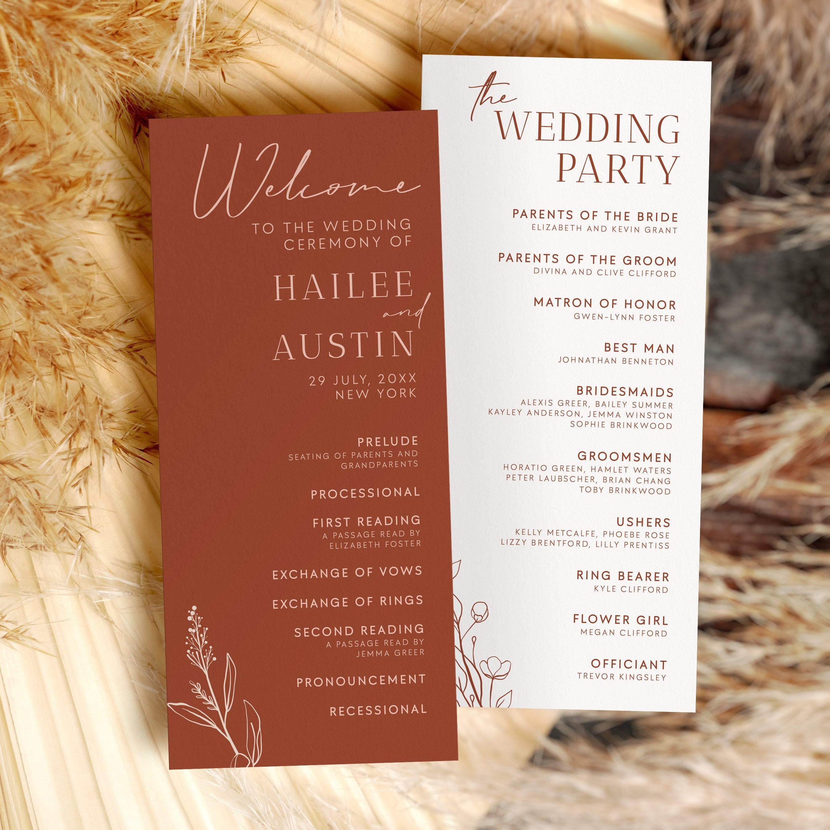 Burnt Orange Wedding Program Template With Wedding Party | DIY Wedding | Boho Wedding Ceremony ...