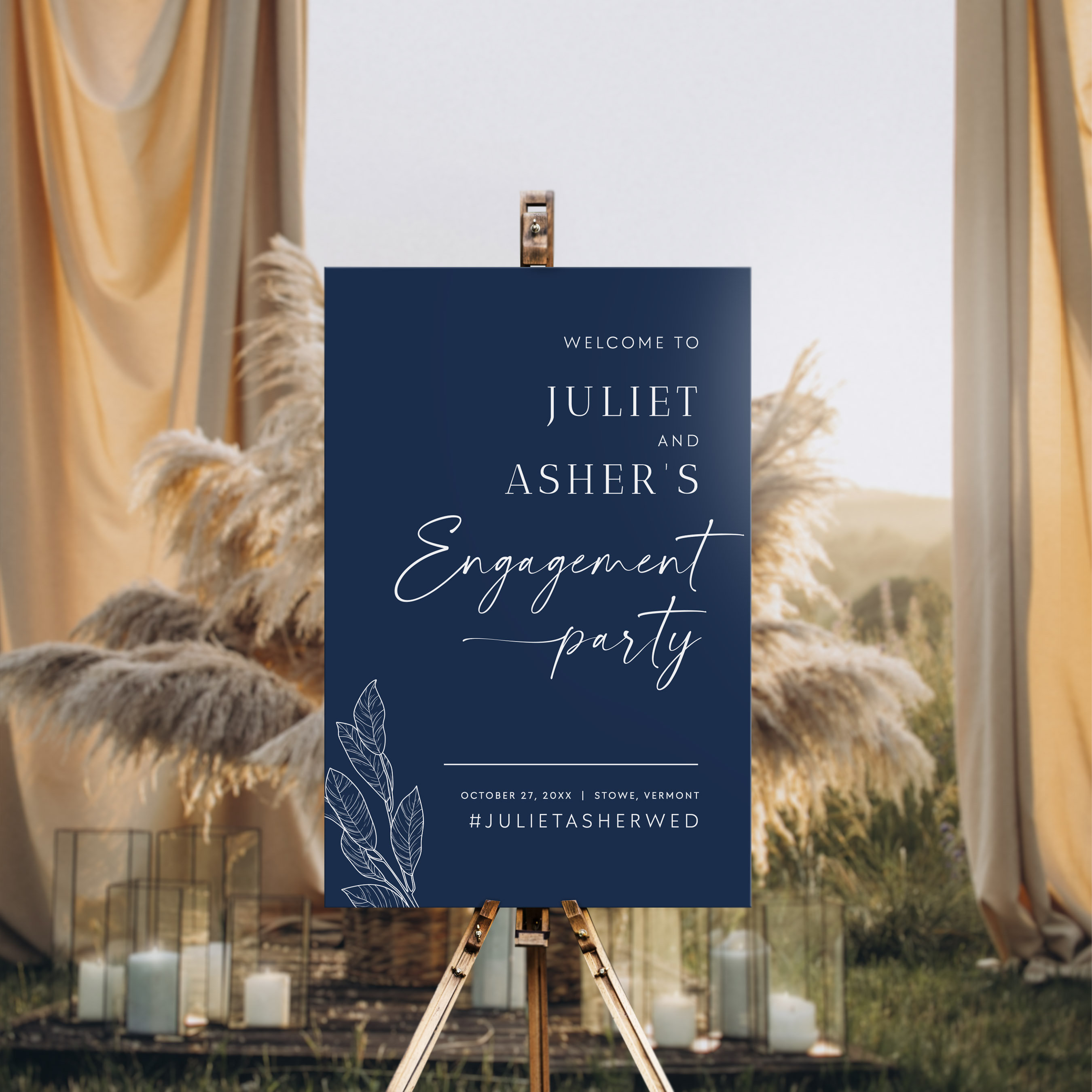 Rustic Blue Engagement Party Welcome Easel Sign, Boho Navy Blue ...