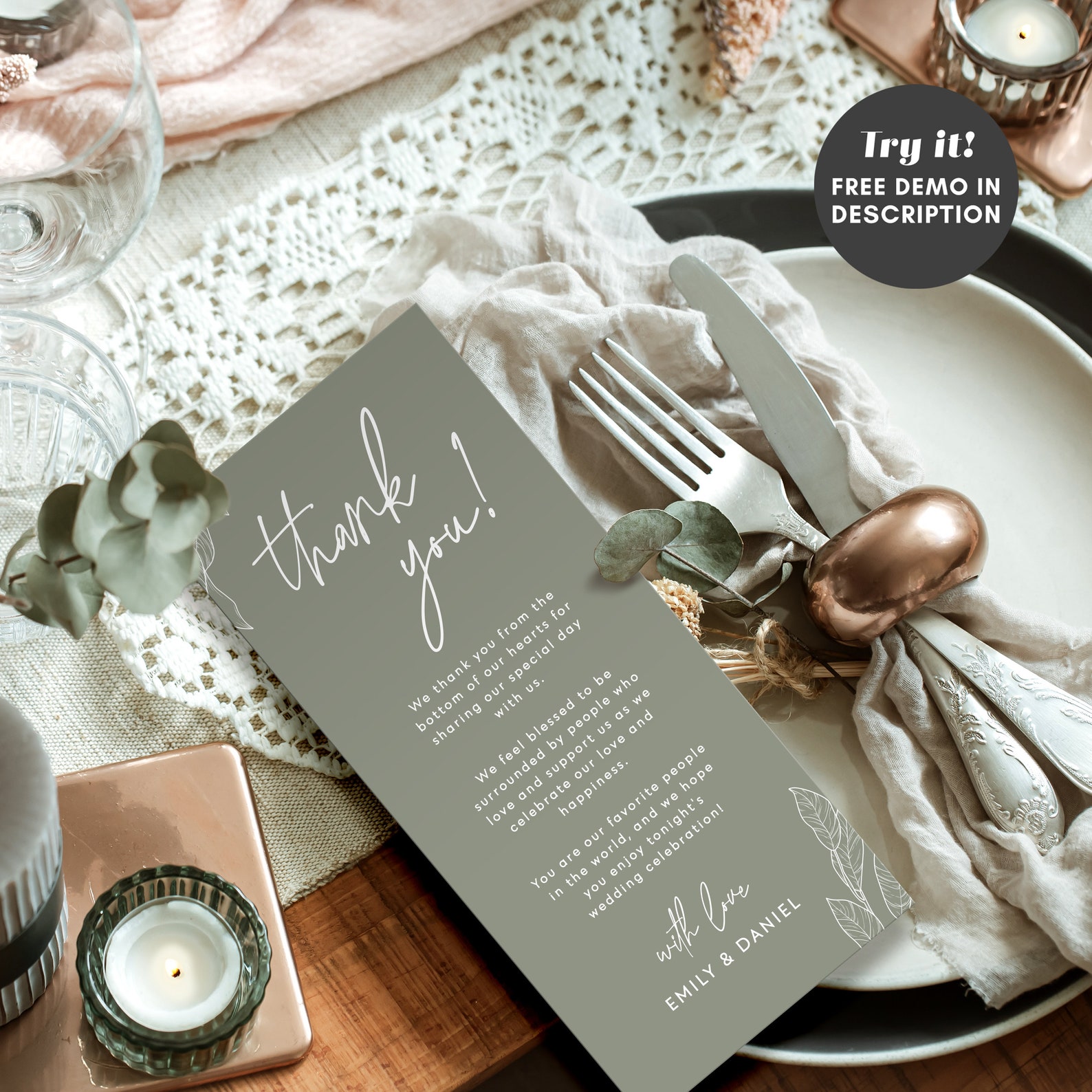 Sage Wedding Table Thank You Note Template | Minimalist Thank You ...