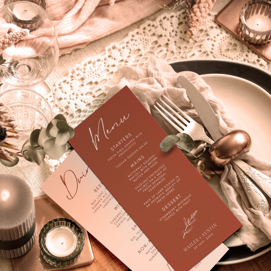 Terracotta Wedding Table Menu Card Editable Template, Burnt Orange ...