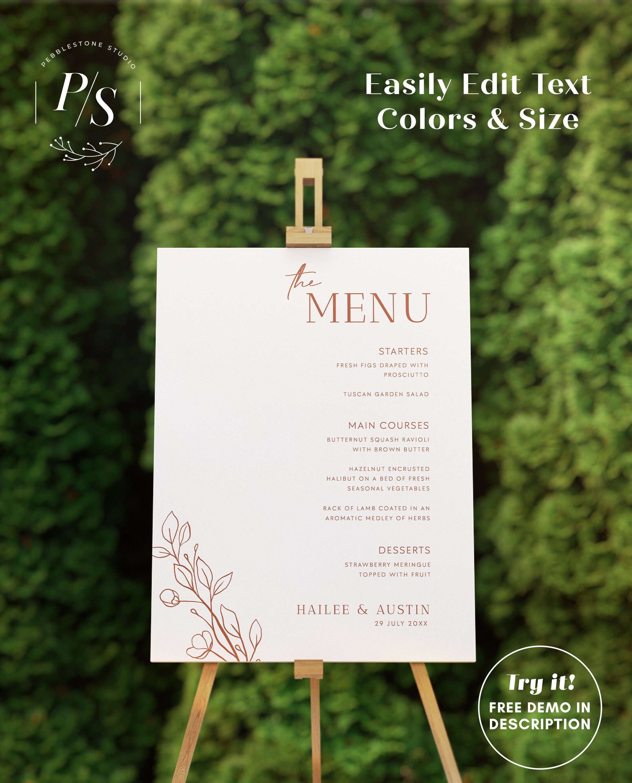 Large Burnt Orange Wedding Dinner Menu Sign Template | Printable ...