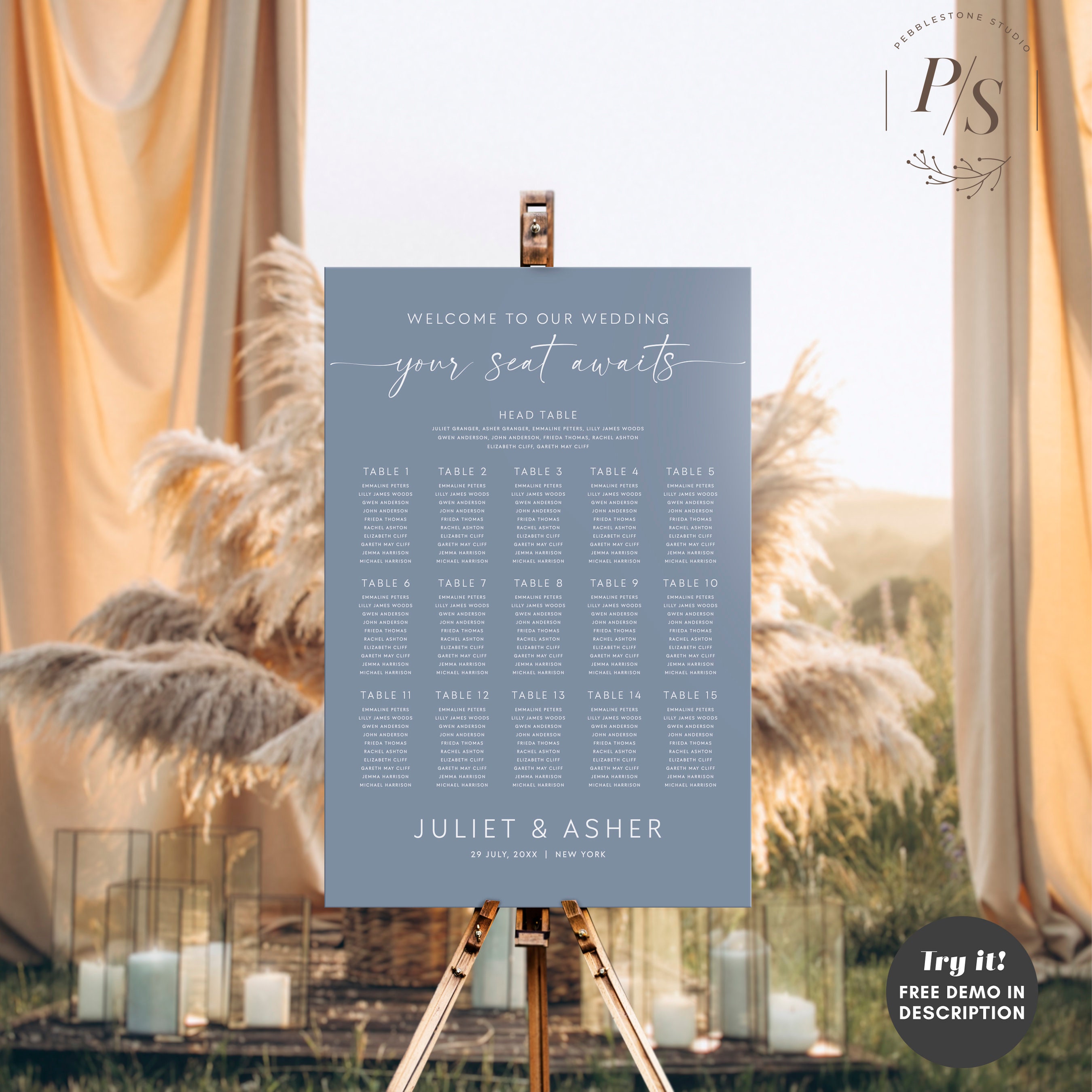 Dusty Blue Wedding Seating Chart Sign Template, Editable Printable ...
