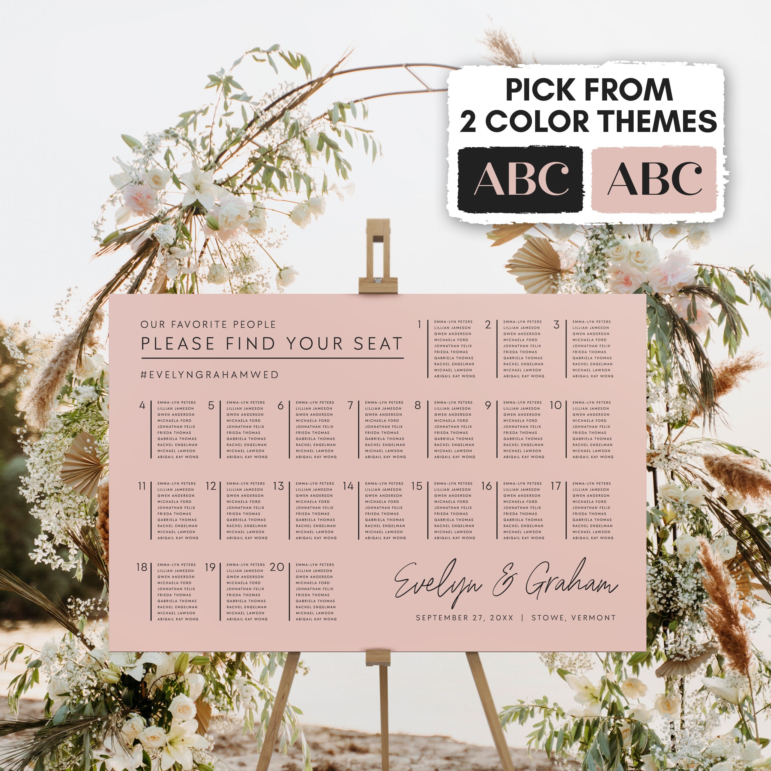 Large Horizontal Rose Gold Wedding Table Seating Chart Sign Template ...