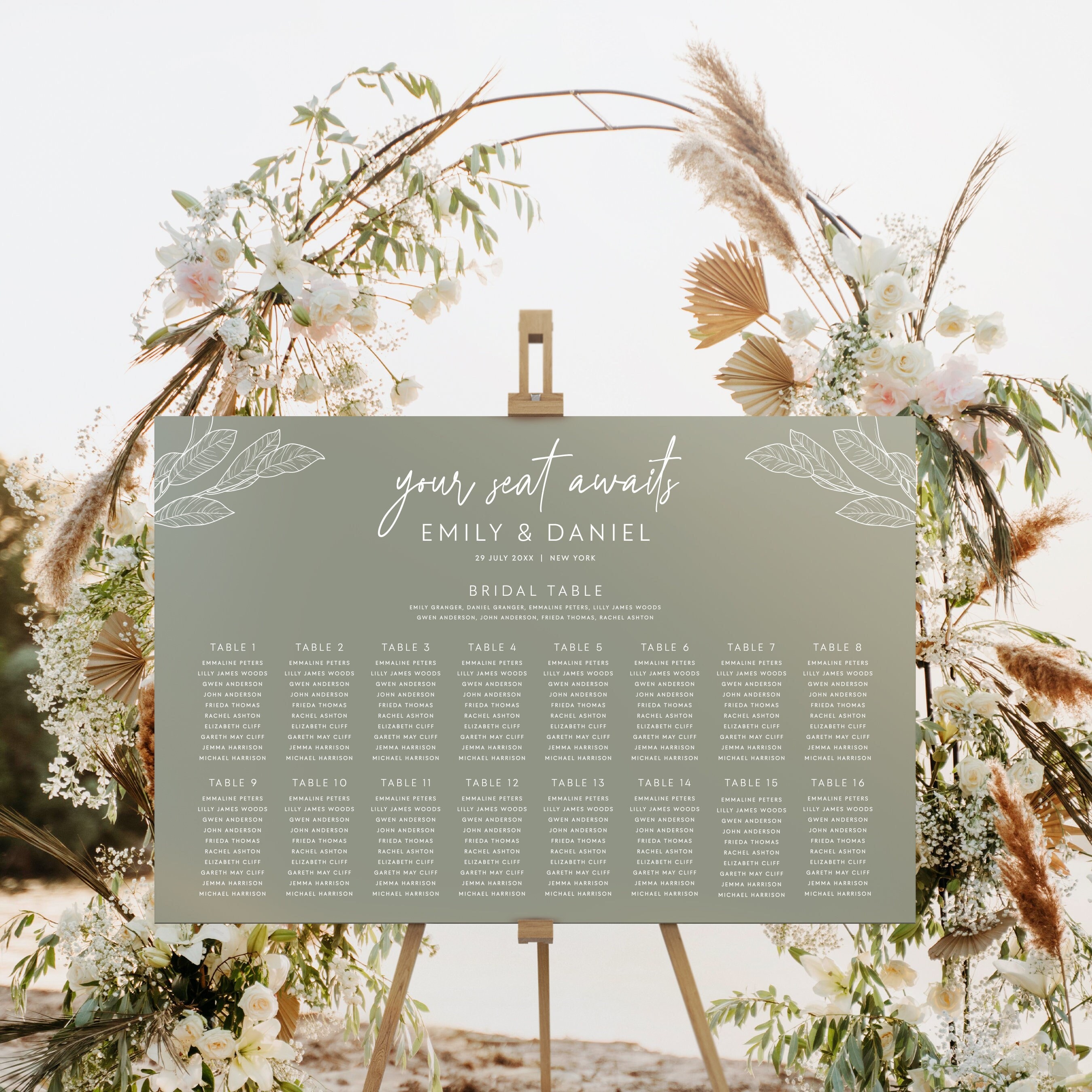 Landscape Sage Green Wedding Seating Chart Sign Template, Horizontal ...