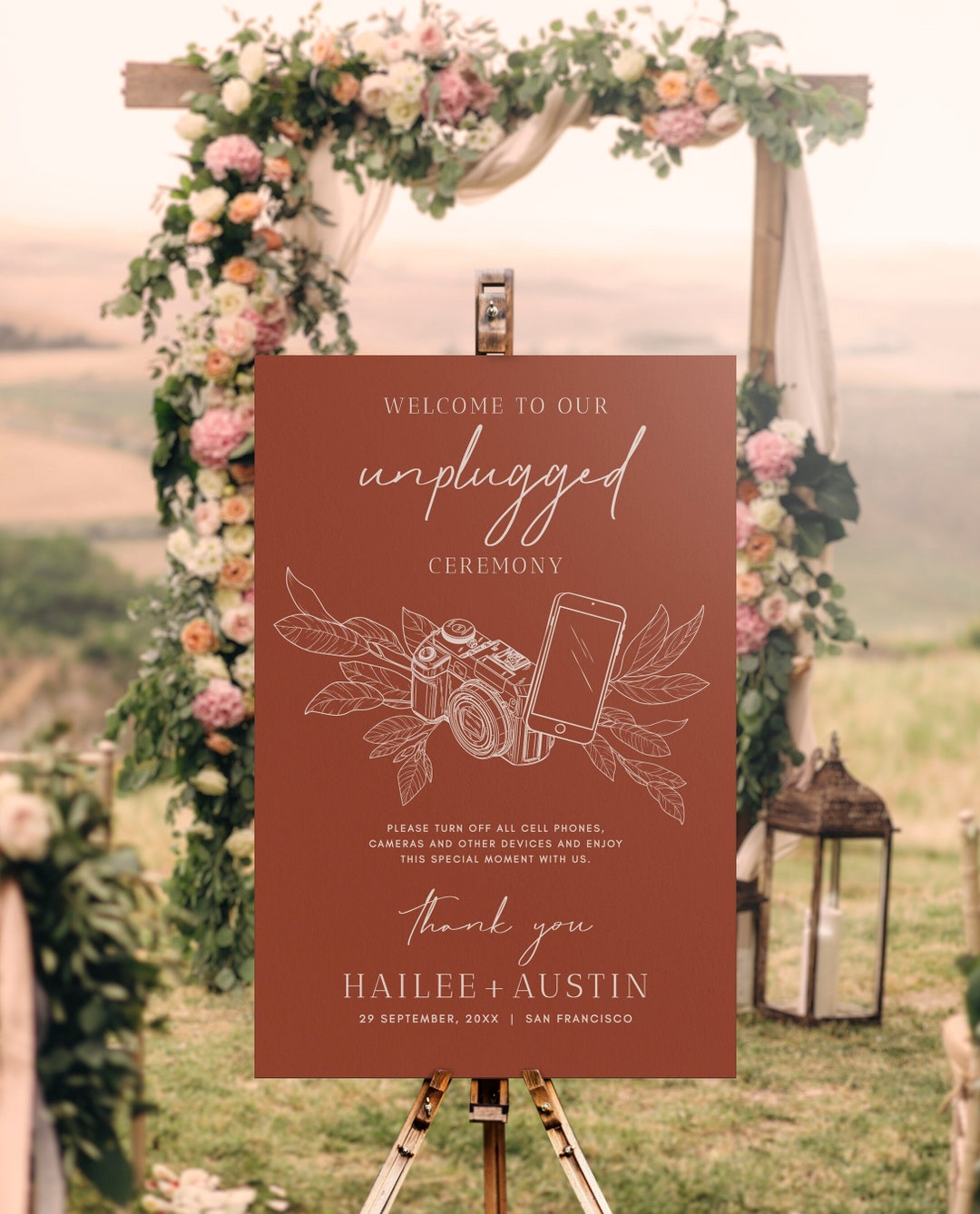 Burnt Orange Unplugged Ceremony Wedding Welcome Sign, Modern Minimalist ...