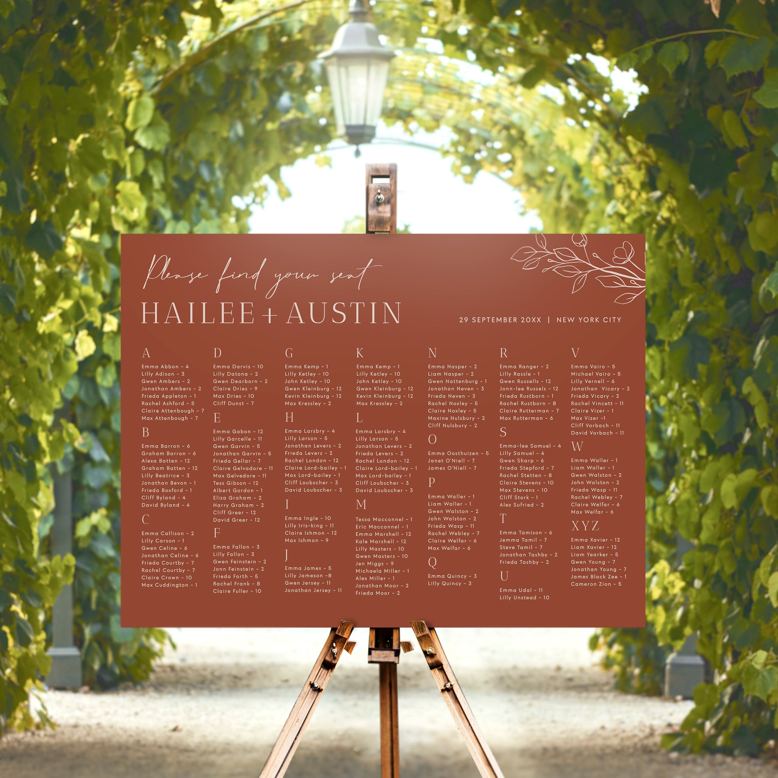 Alphabetical Burnt Orange Seating Chart Sign Landscape Terracotta ...