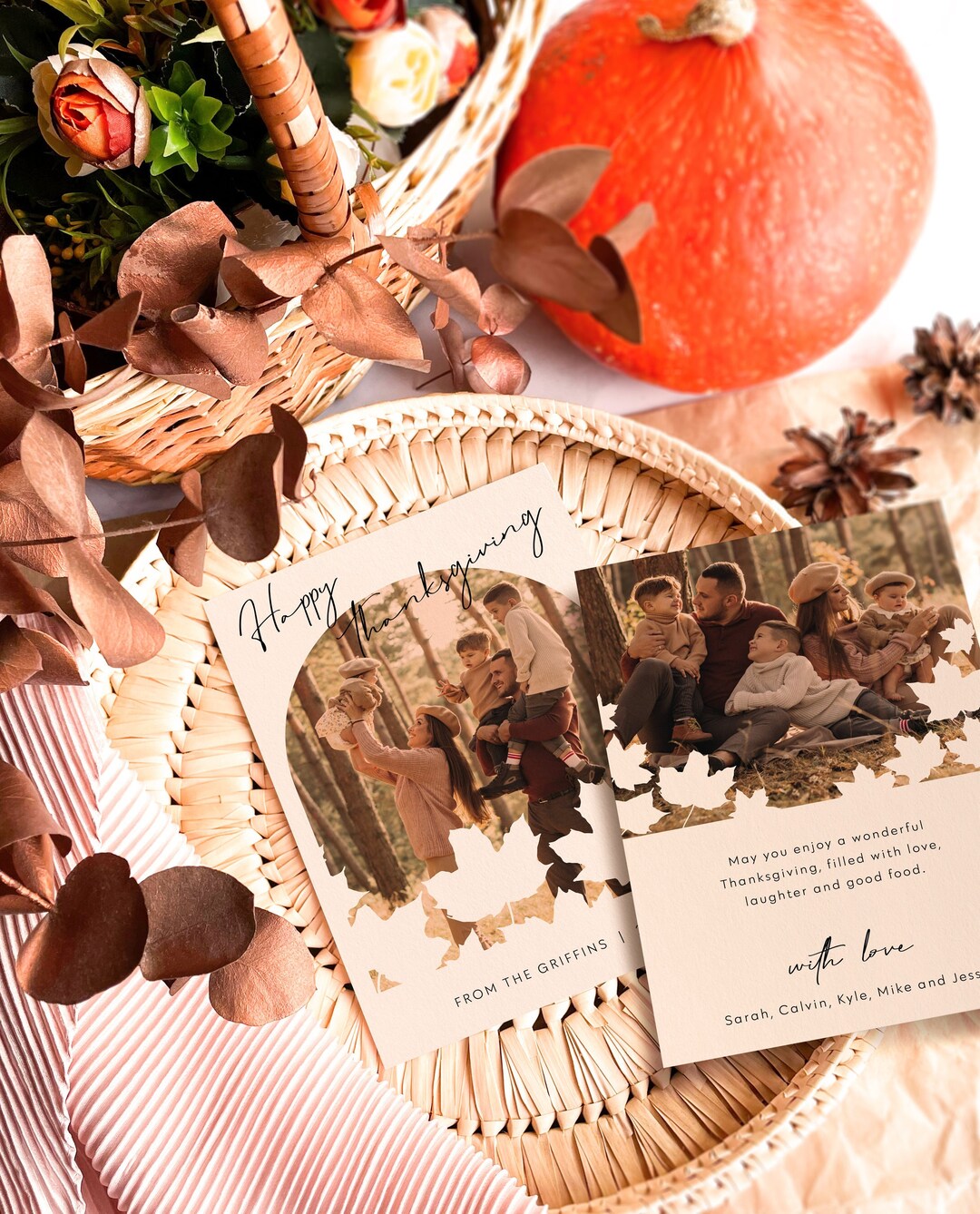 Thanksgiving Family Photo Card Template With Autumn Leaves | DIY ...
