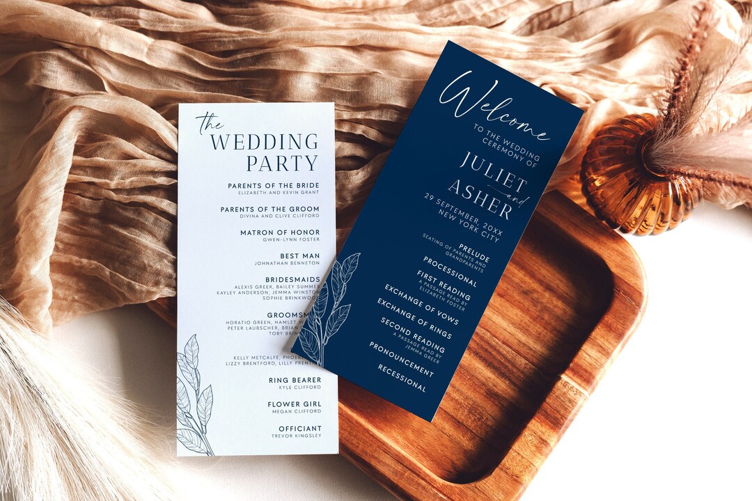 Rustic Navy Blue Wedding Program Template With Wedding Party, DIY ...