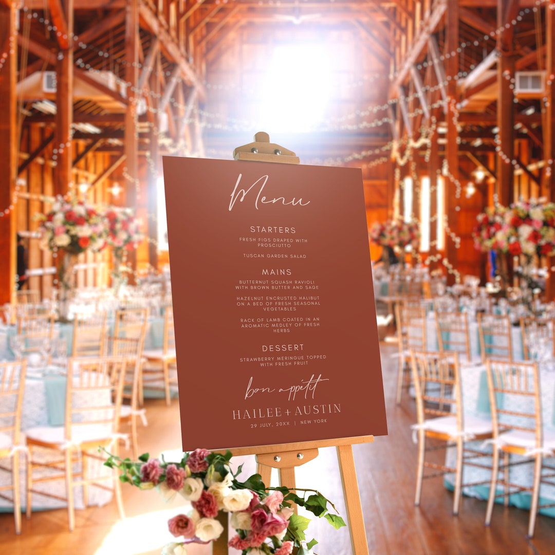 Large Modern Terracotta Wedding Dinner Menu Sign Template | Burnt ...