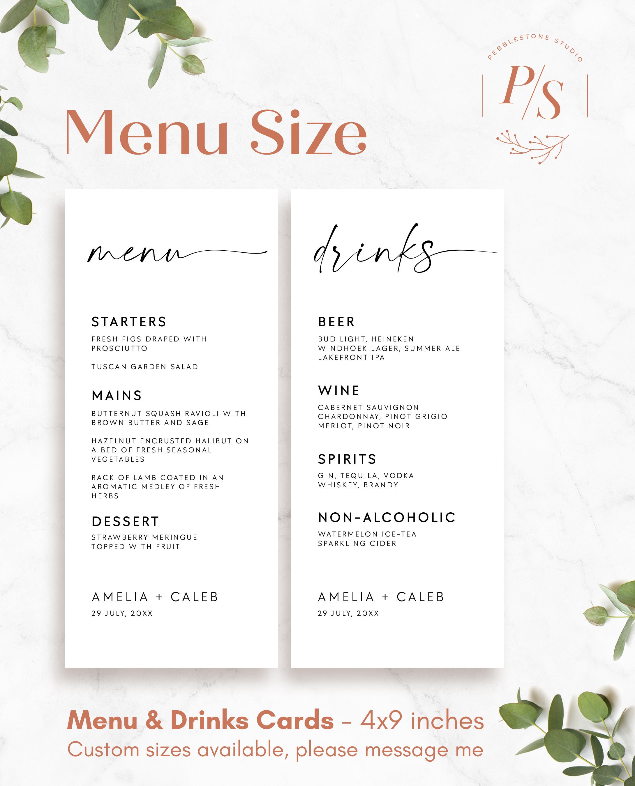 4x9 Minimalist Wedding Menu and Drinks Menu Card Printable Template ...