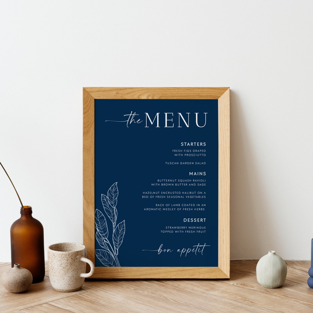 Small Navy Blue Wedding Dinner Menu Sign Editable Template, Modern ...