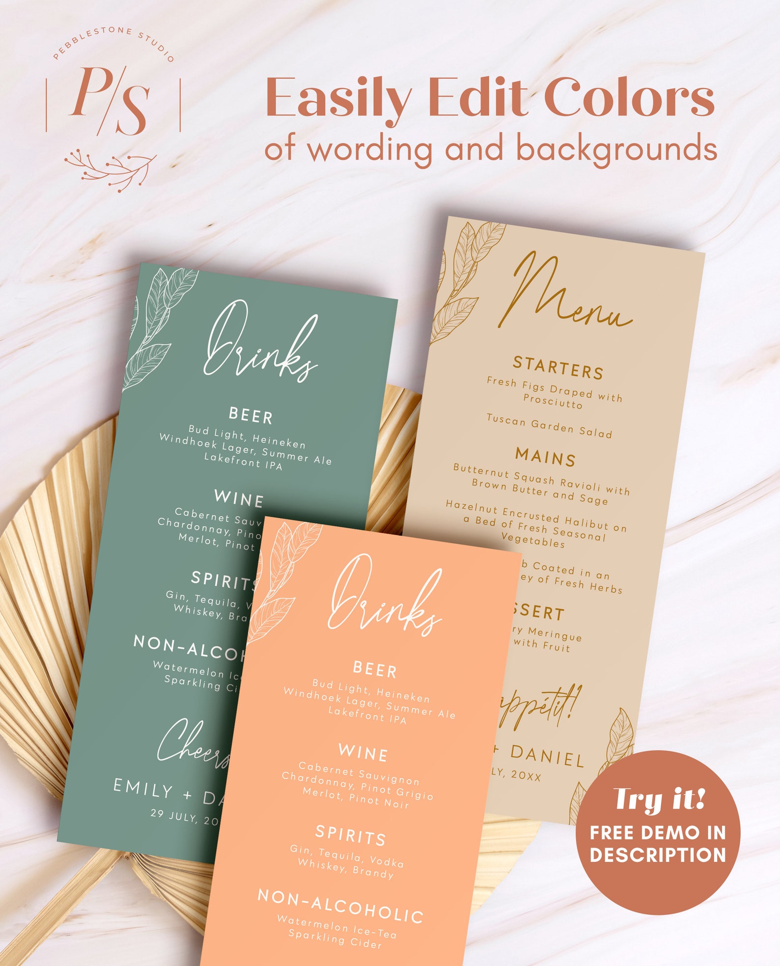 Sage Green Wedding Dinner Menu Template With Drinks Card, Printable ...