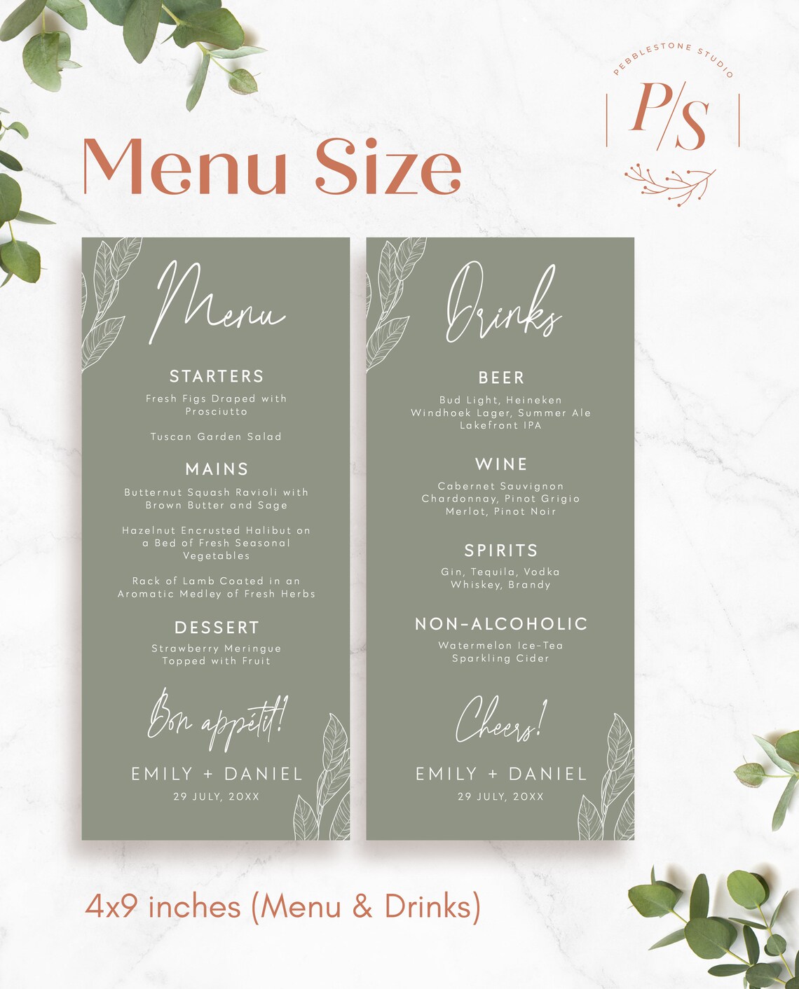 Sage Green Wedding Dinner Menu Template With Drinks Card, Printable ...