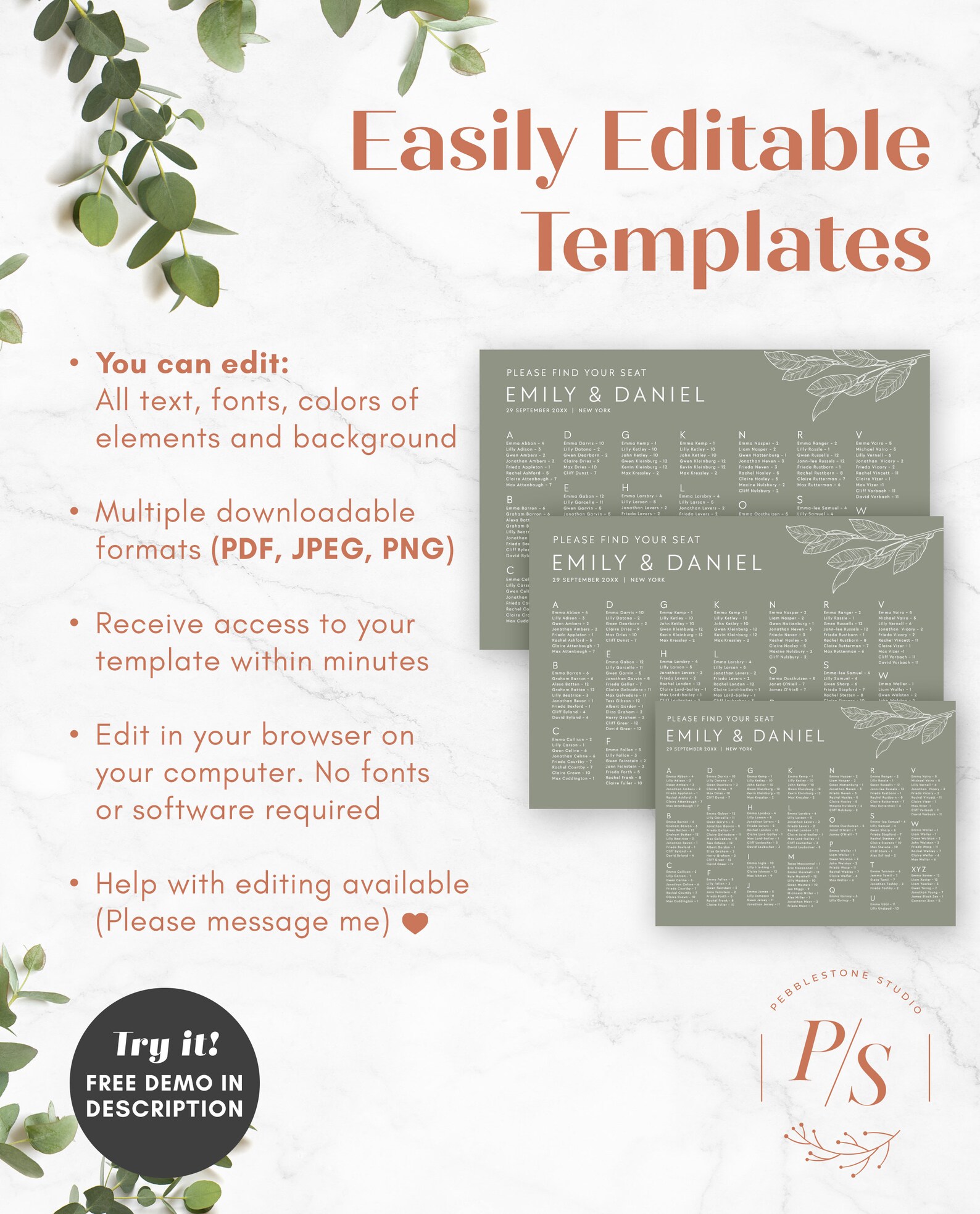 Alphabetical Sage Seating Chart Sign Template | Landscape Sage Green ...