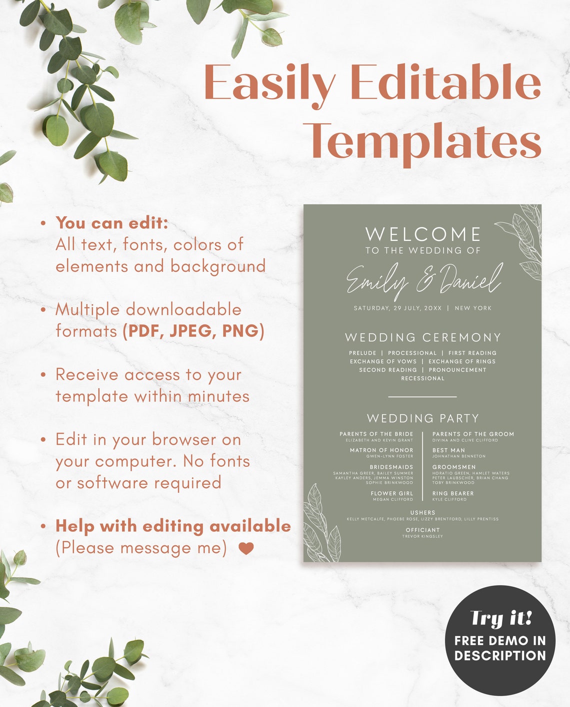 Sage Green Wedding Ceremony Program Sign Template, Large Modern Wedding ...