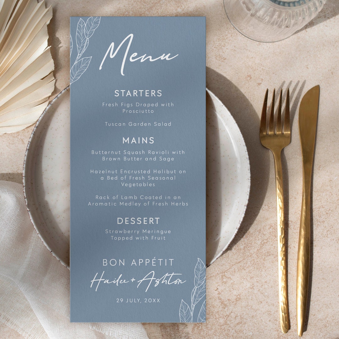 Dusty Blue Wedding Menu Card and Drinks Menu Card Template, Editable ...