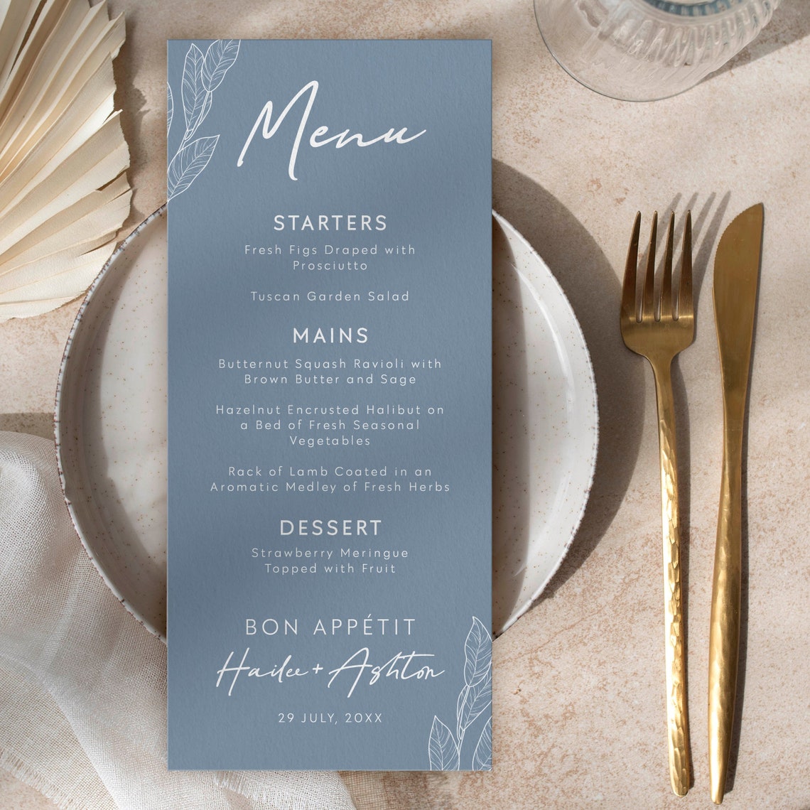 Dusty Blue Wedding Menu Card and Drinks Menu Card Template, Editable ...