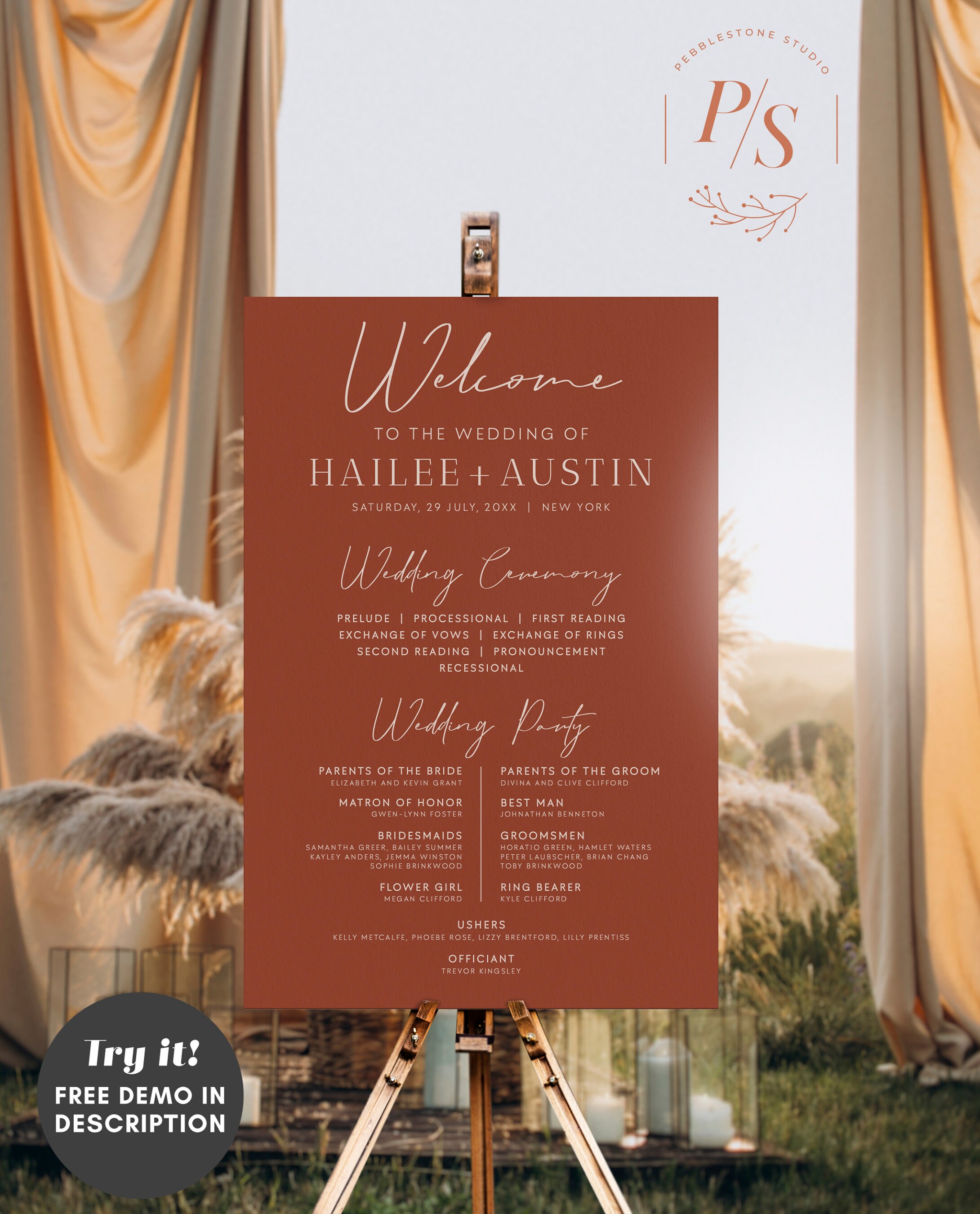 Terracotta Wedding Ceremony Program Sign Template | Burnt Orange Wedding Program Poster | Large ...