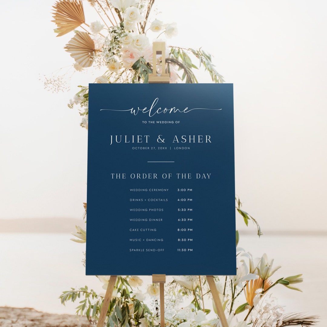 Navy Blue Order of the Day Wedding Sign Printable Template, Boho Blue ...