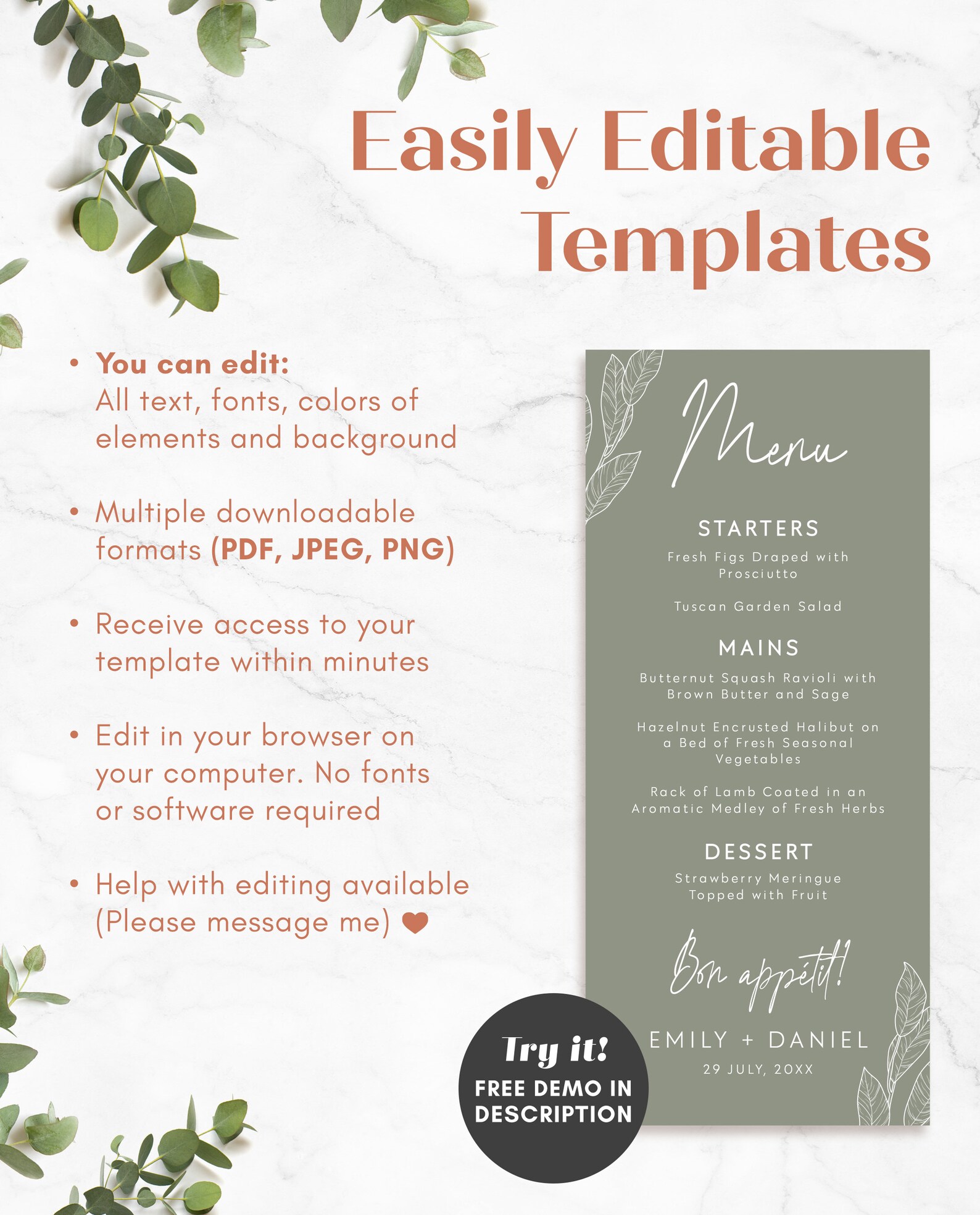 Sage Green Wedding Dinner Menu Template With Drinks Card, Printable ...