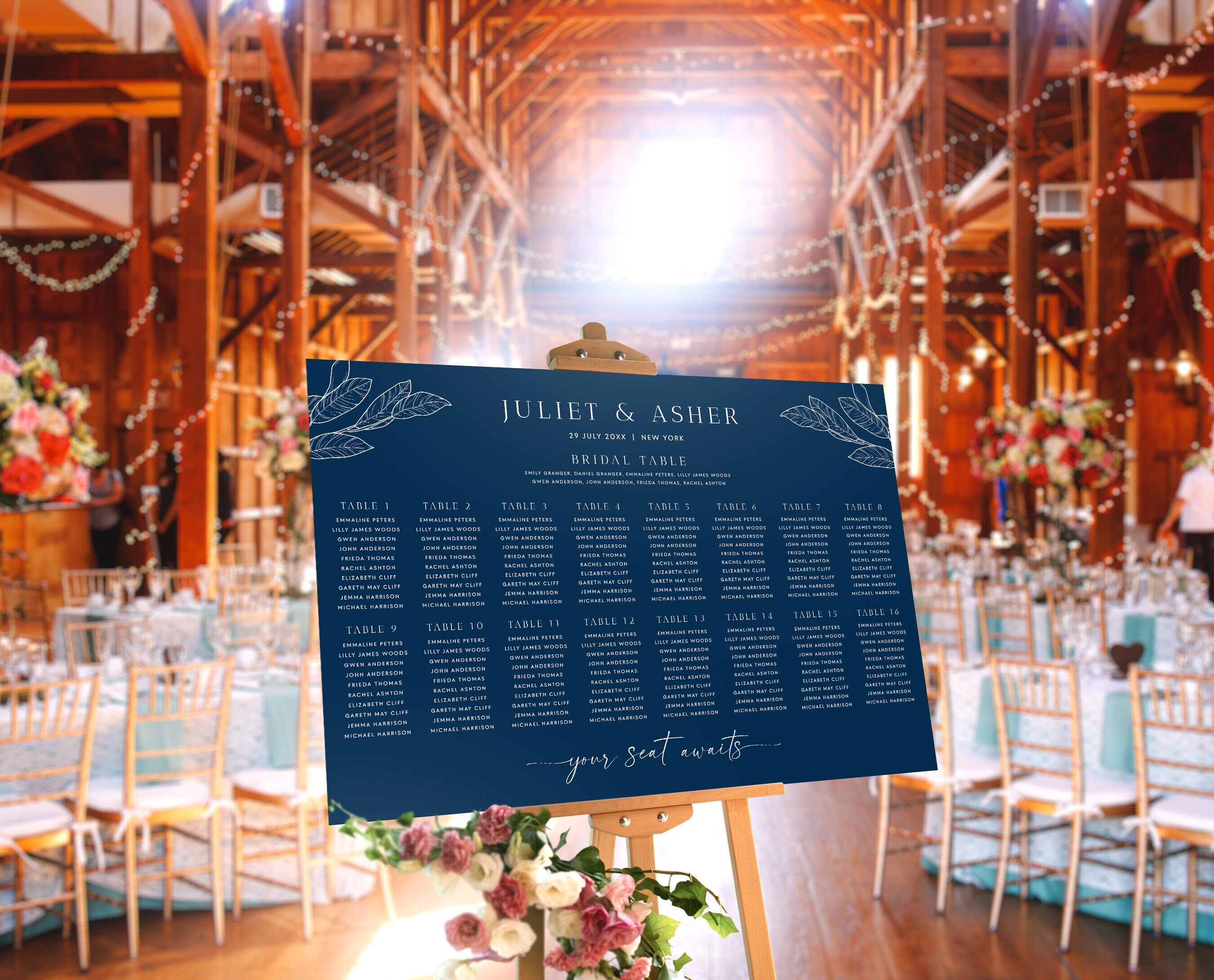 Navy Blue Wedding Table Seating Sign Template, Large Landscape Boho ...